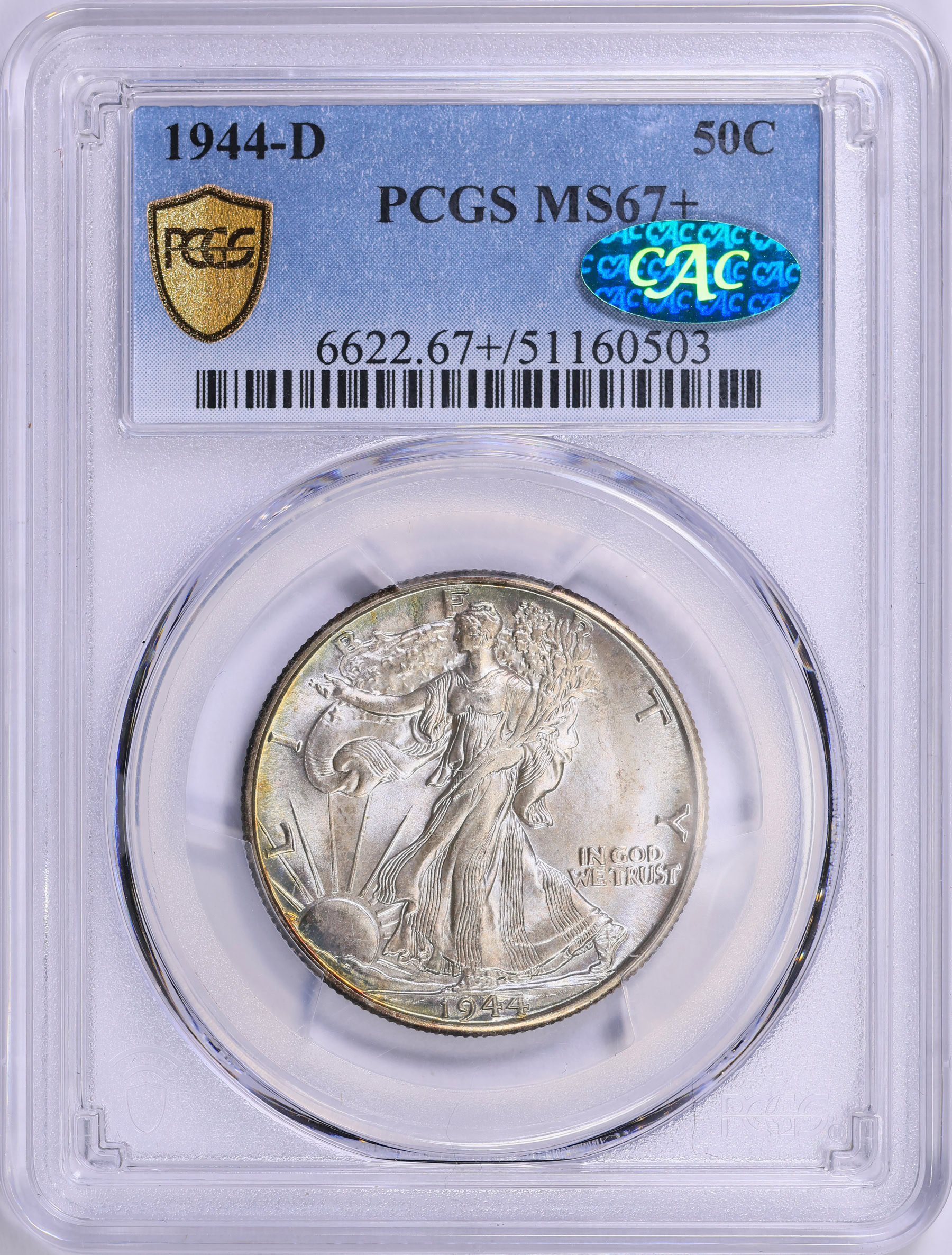 1944-D Walking Liberty Half Dollar PCGS MS-67+ (CAC Green) (Toned) (Item 1792645 ...