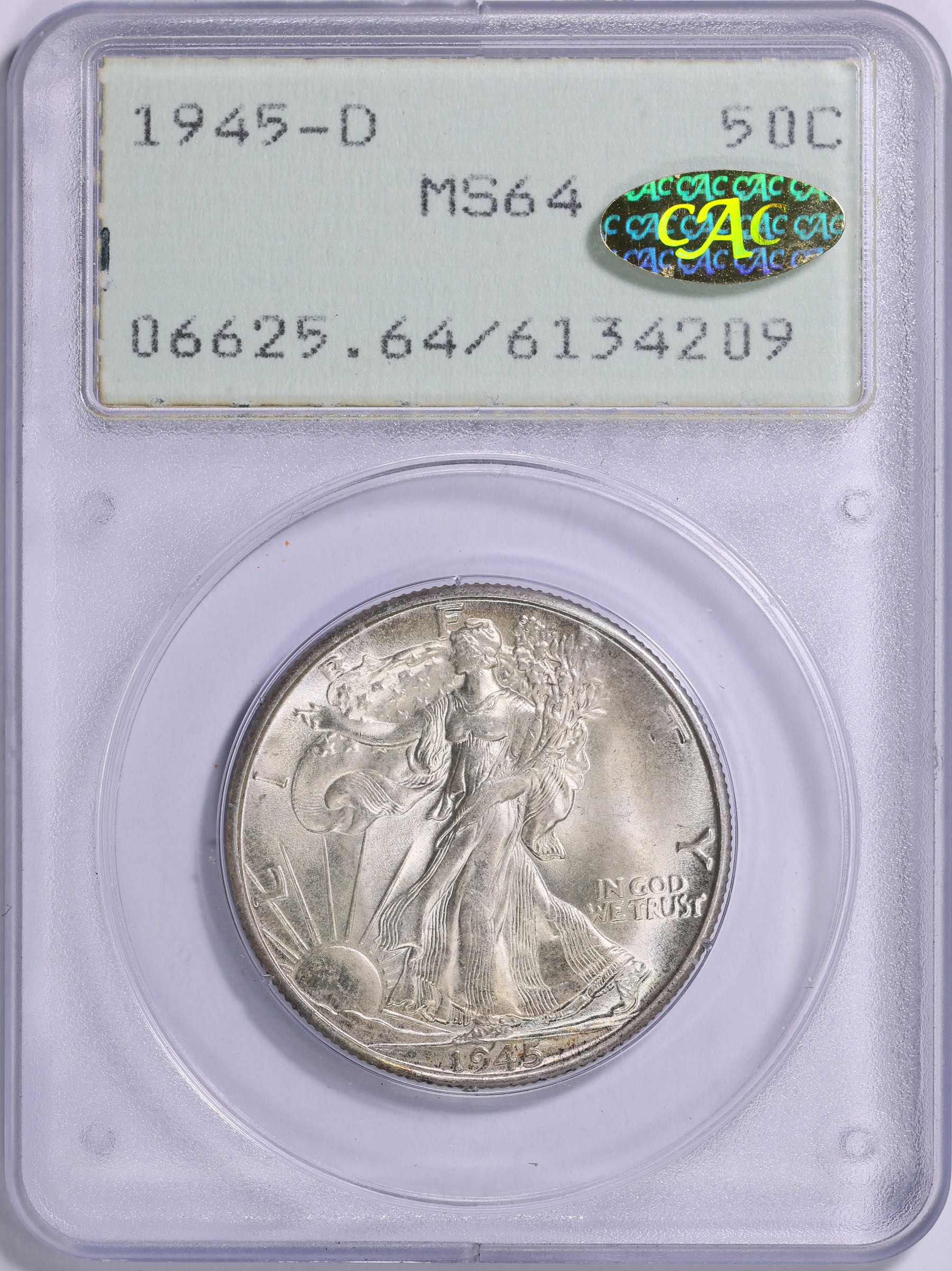 1945-D Walking Liberty Half Dollar PCGS MS-64 (CAC Gold) OGH (1st Gen) (Toned) (Item 1792685 ...