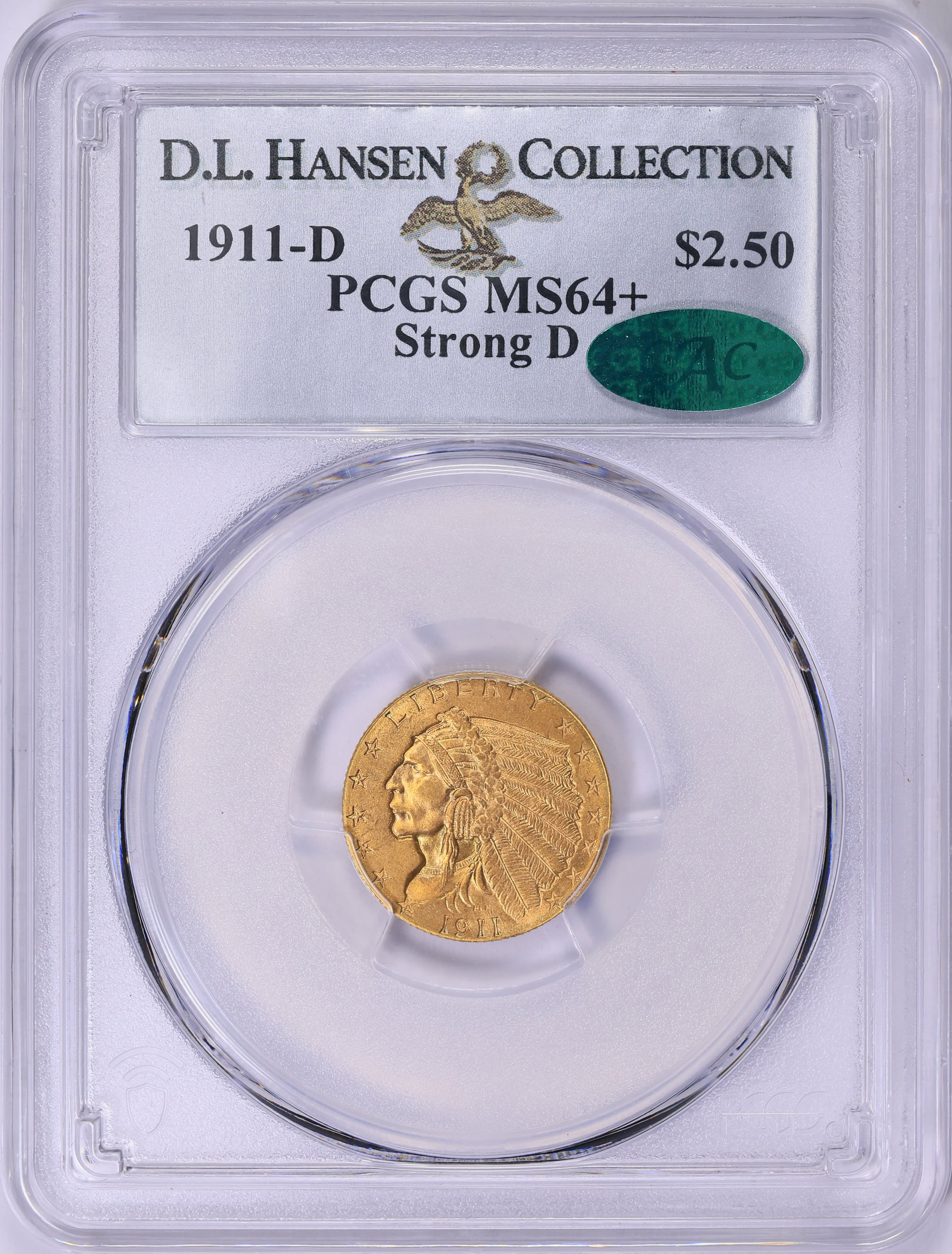 1911-D Indian Gold Quarter Eagle Strong D PCGS MS-64+ (CAC Green) (D.L ...