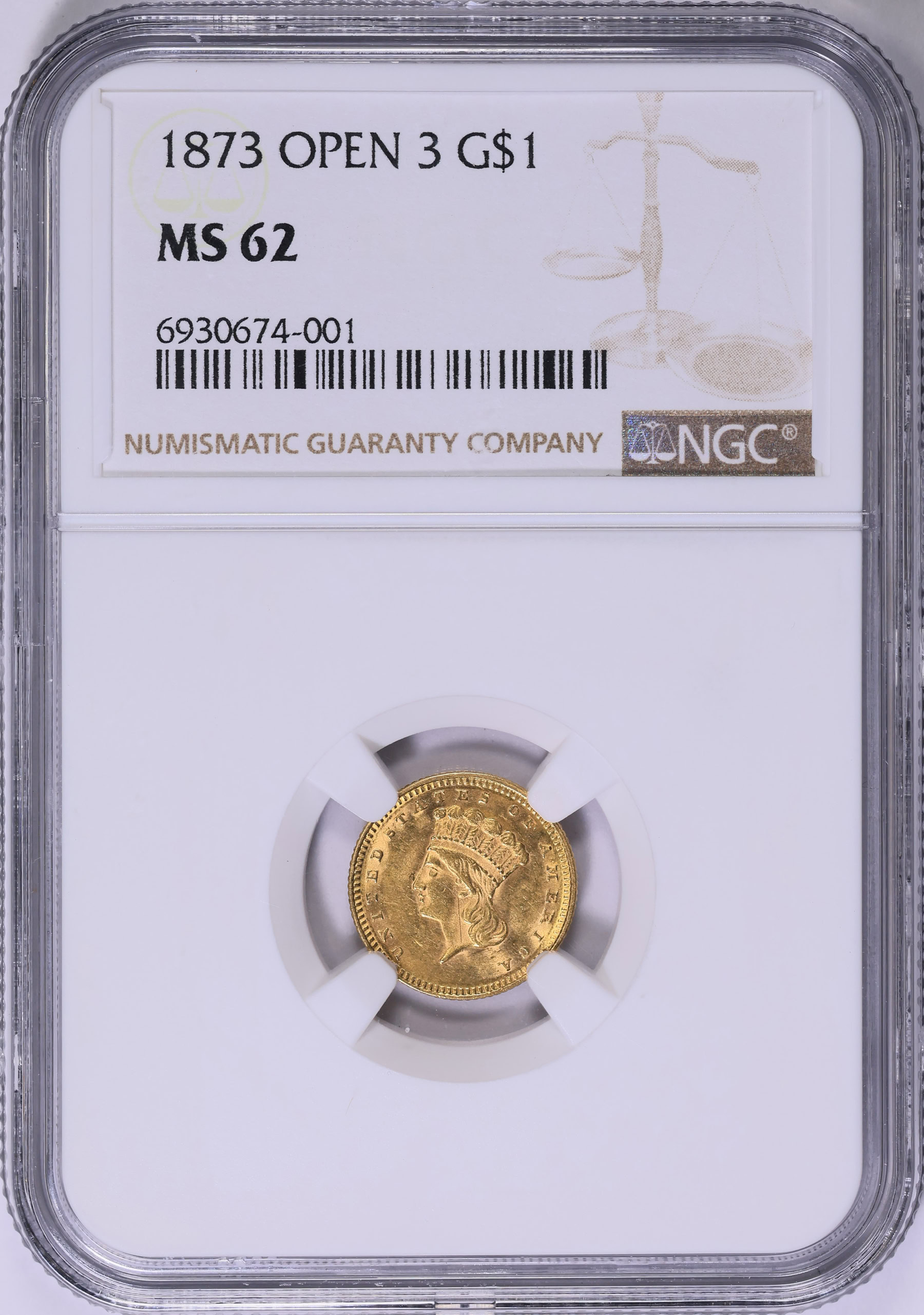 1873 Indian Princess Gold Dollar Open 3 NGC MS-62 (Item 1792934) | GreatCollections Coin Auctions