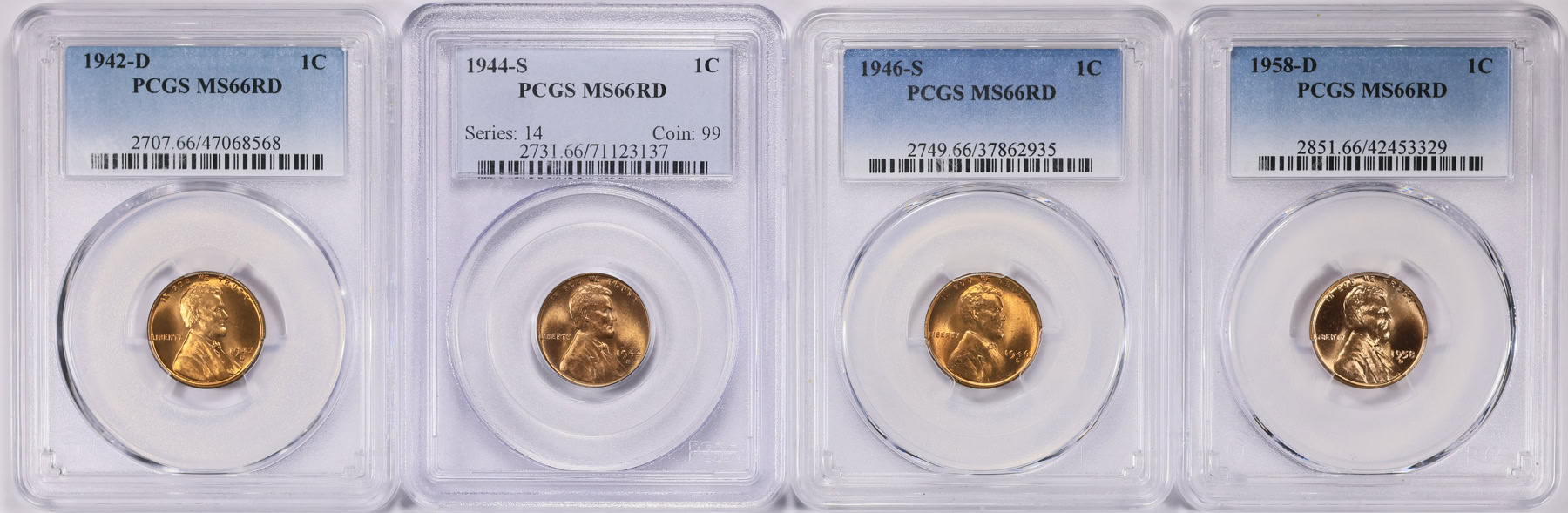 1942-D, 1944-S, 1946-S and 1958-D Lincoln Cent PCGS MS-66 RD (4 Coins) (Item 1792963 ...
