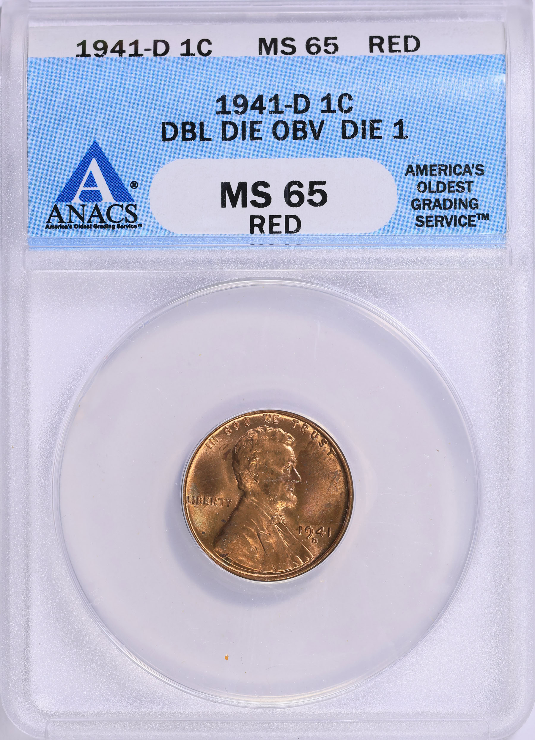 1941-D Lincoln Cent DDO Die 1 ANACS MS-65 RD (Item 1793090) | GreatCollections Coin Auctions