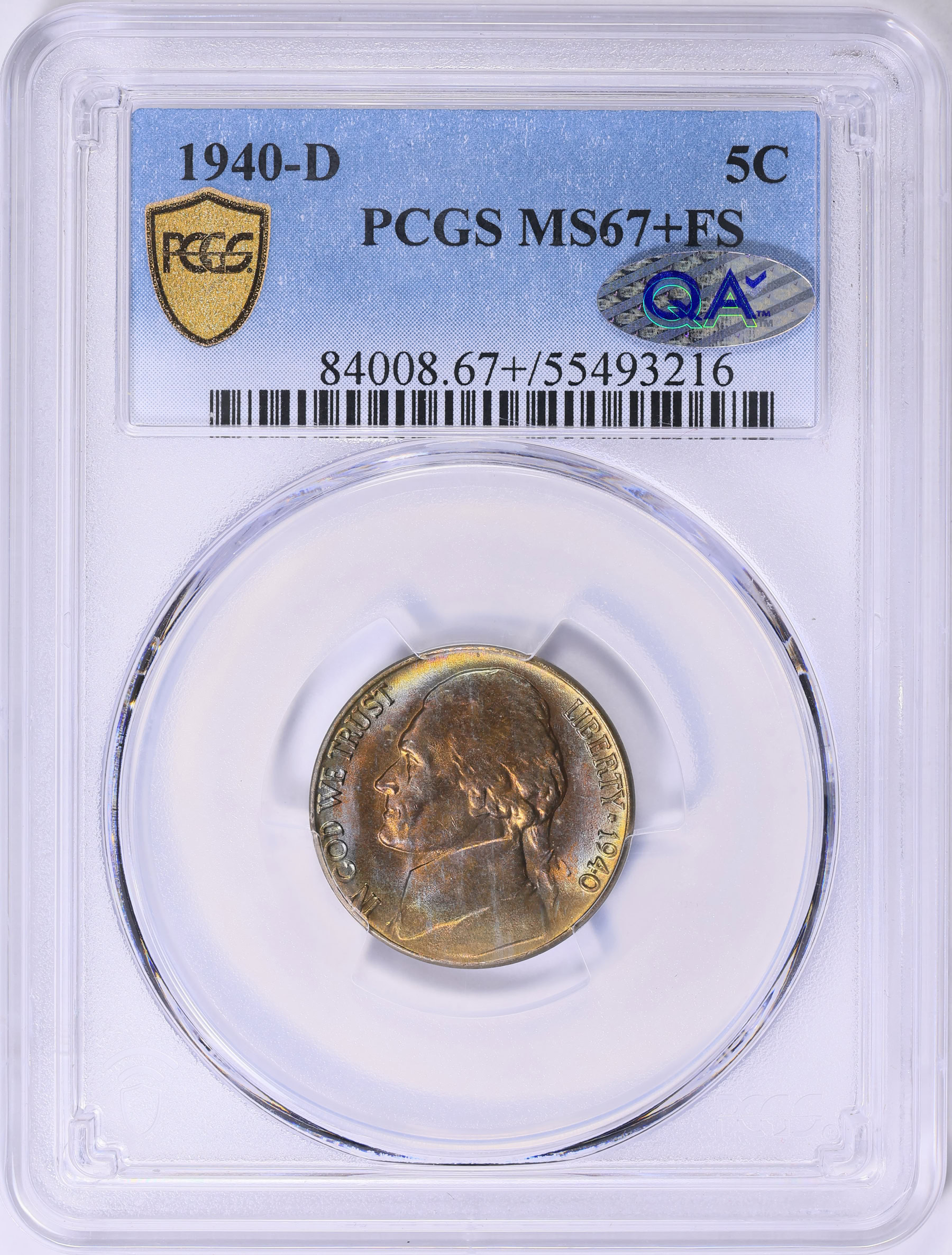 1940-D Jefferson Nickel PCGS MS-67+ FS (QA) (Toned) (Item 1793205) | GreatCollections Coin Auctions