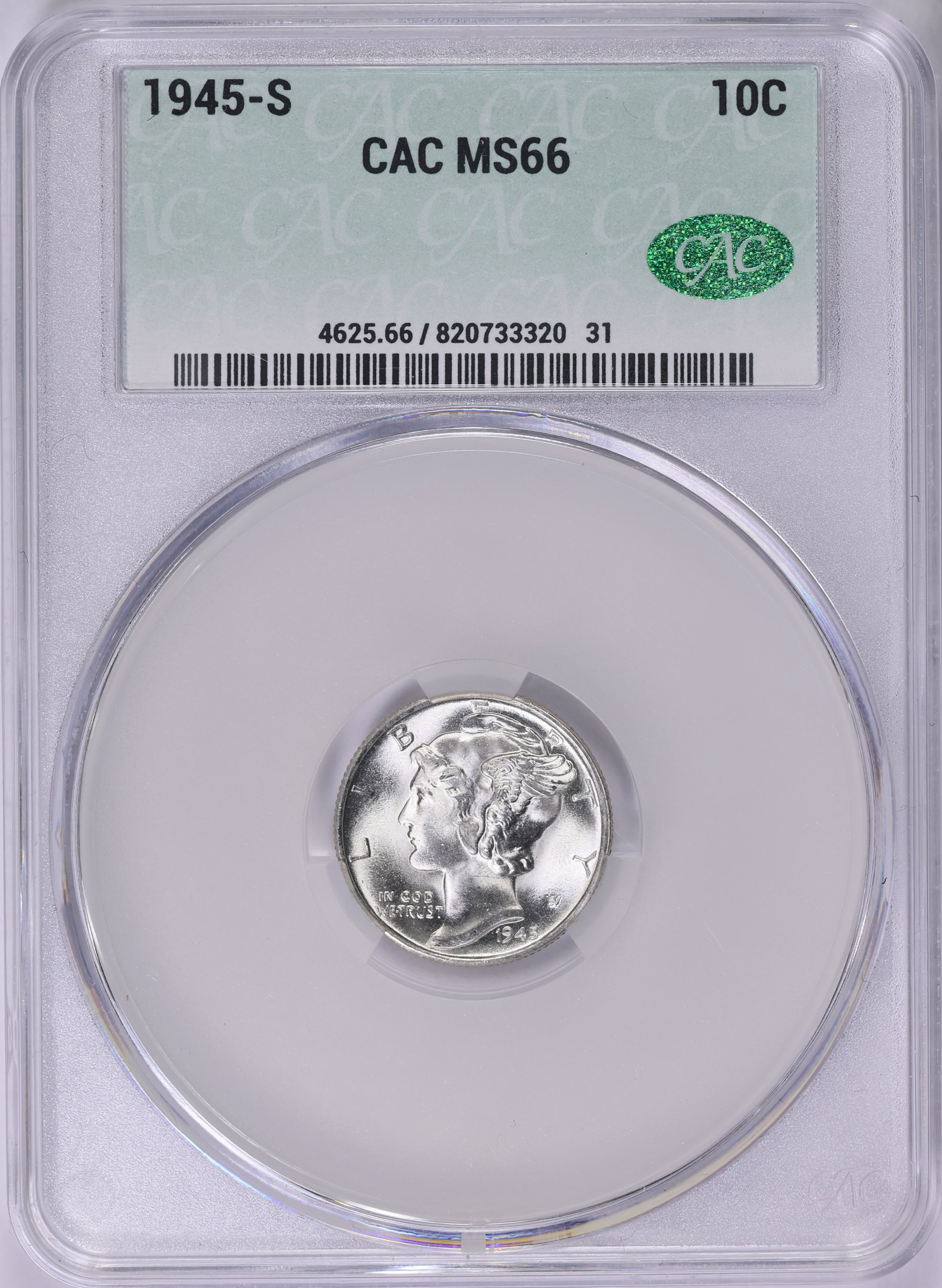 1945-S Mercury Dime CACG MS-66 (Item 1793222) | GreatCollections Coin Auctions
