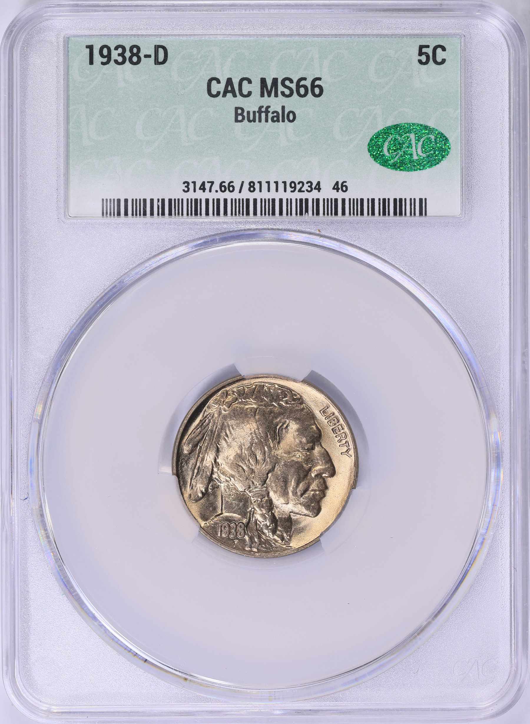 1938-D Buffalo Nickel CACG MS-66 (Item 1793236) | GreatCollections Coin ...