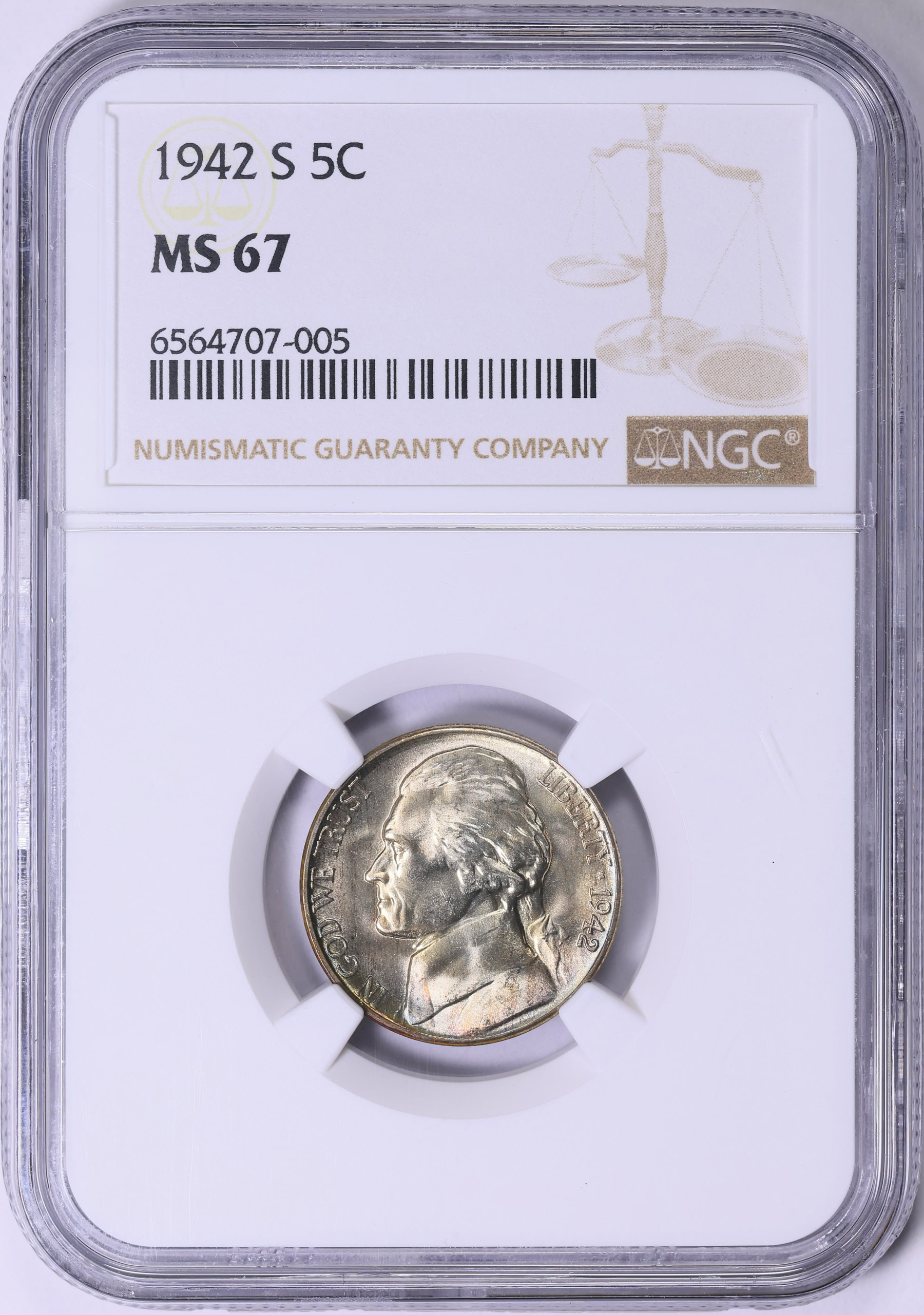 1942-S Jefferson Nickel NGC MS-67 (Toned) (Item 1793292) | GreatCollections Coin Auctions