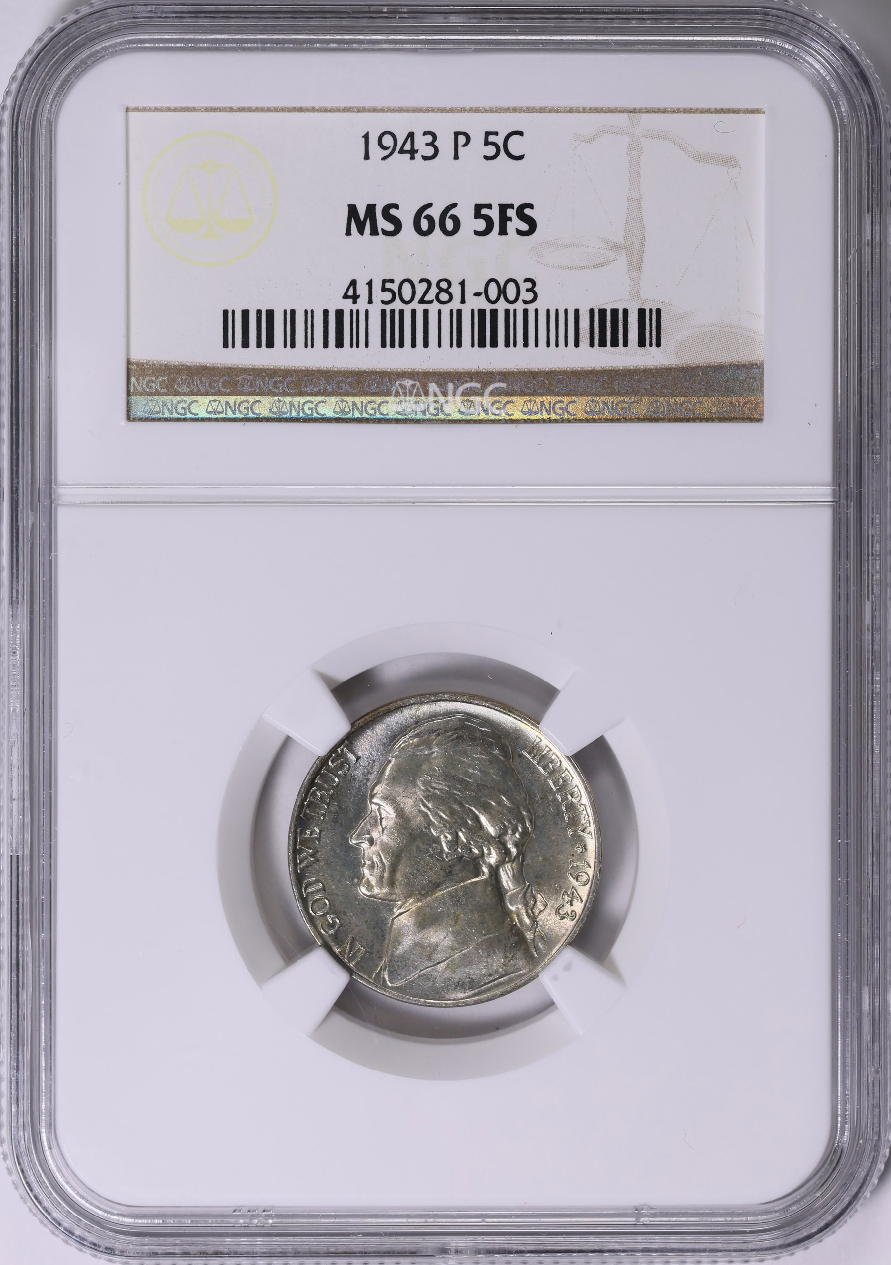 1943-P Jefferson Nickel NGC MS-66 5FS (Toned) (Item 1793295) | GreatCollections Coin Auctions