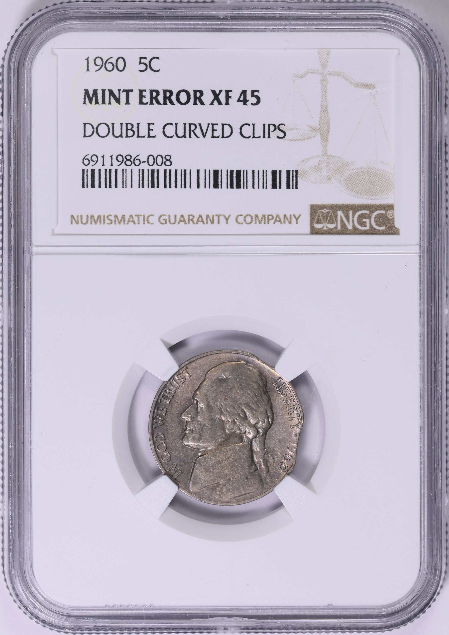 Mint Error 1960 Jefferson Nickel Double Curved Clips NGC XF-45 | NGC ...