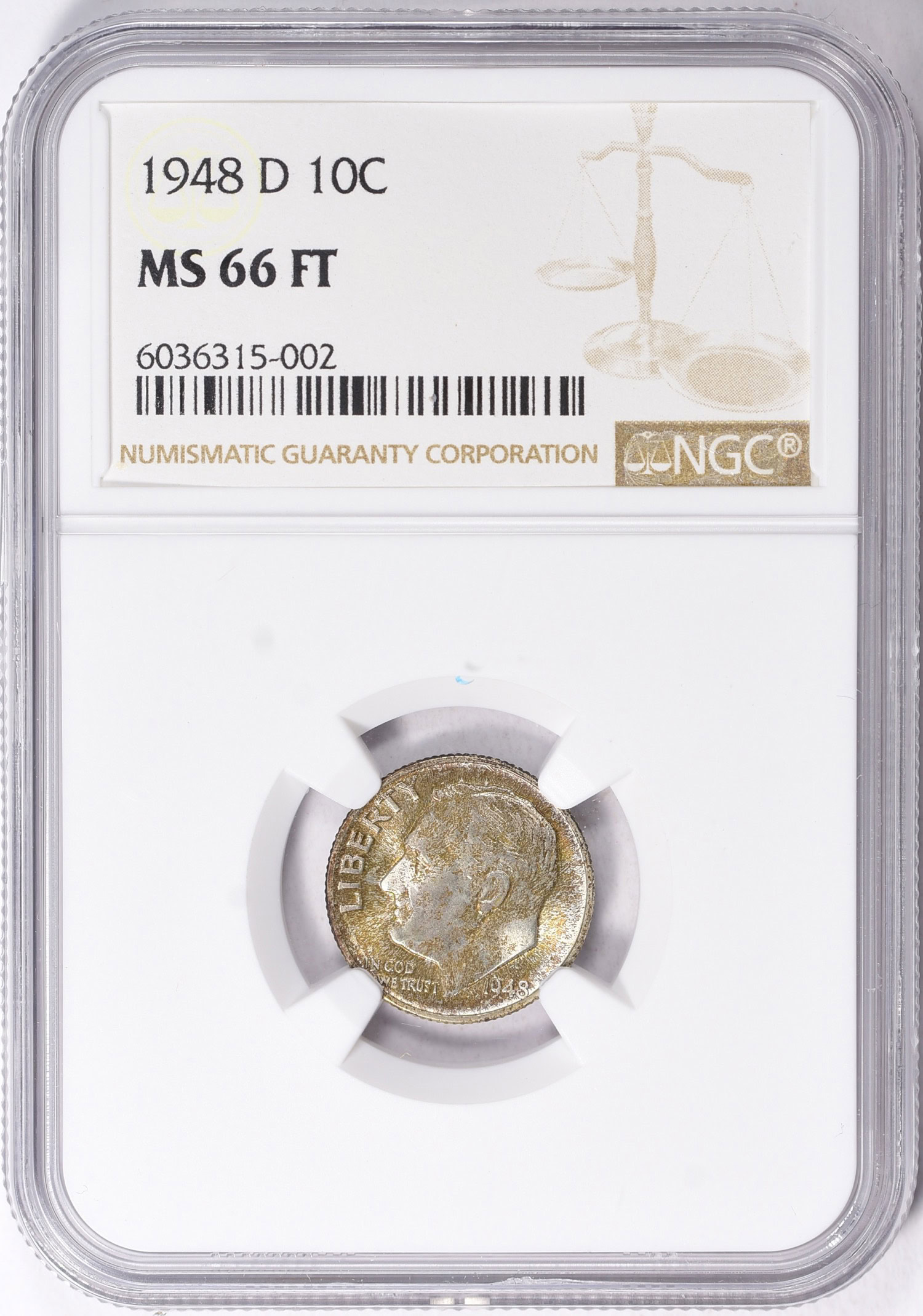 1948-D Roosevelt Dime NGC MS-66 FT (Toned) (Item 1793410) | GreatCollections Coin Auctions