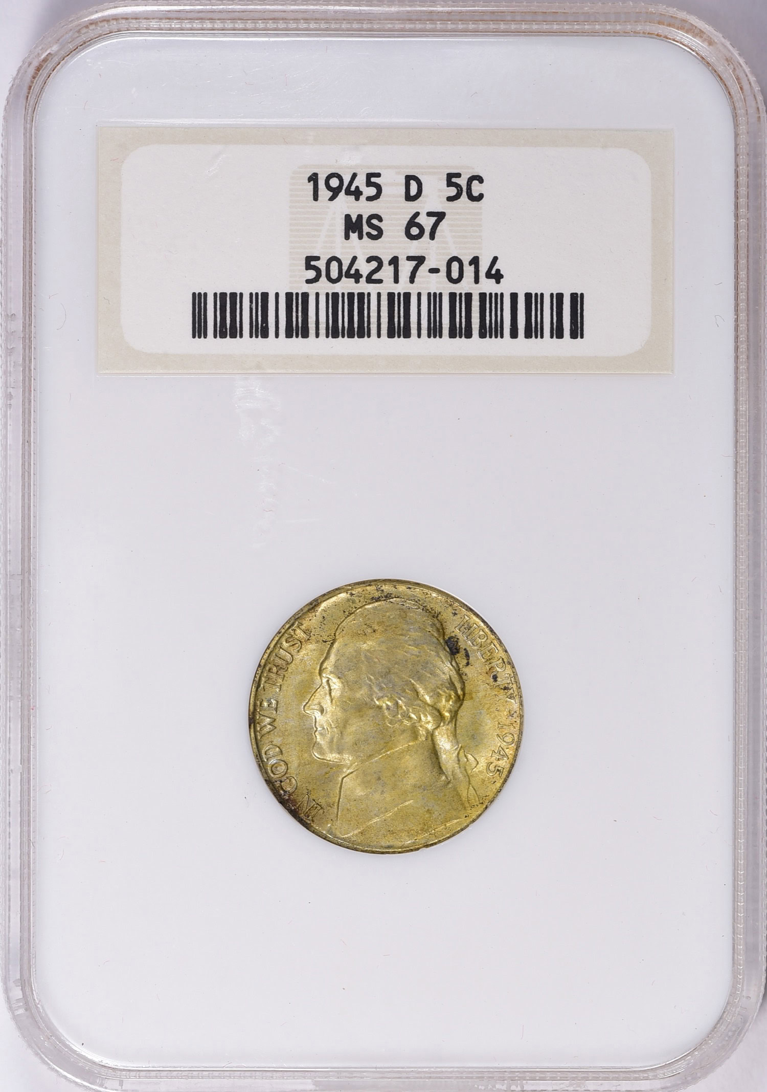 1945-D Jefferson Nickel NGC MS-67 OH (Toned) (Item 1793462) | GreatCollections Coin Auctions