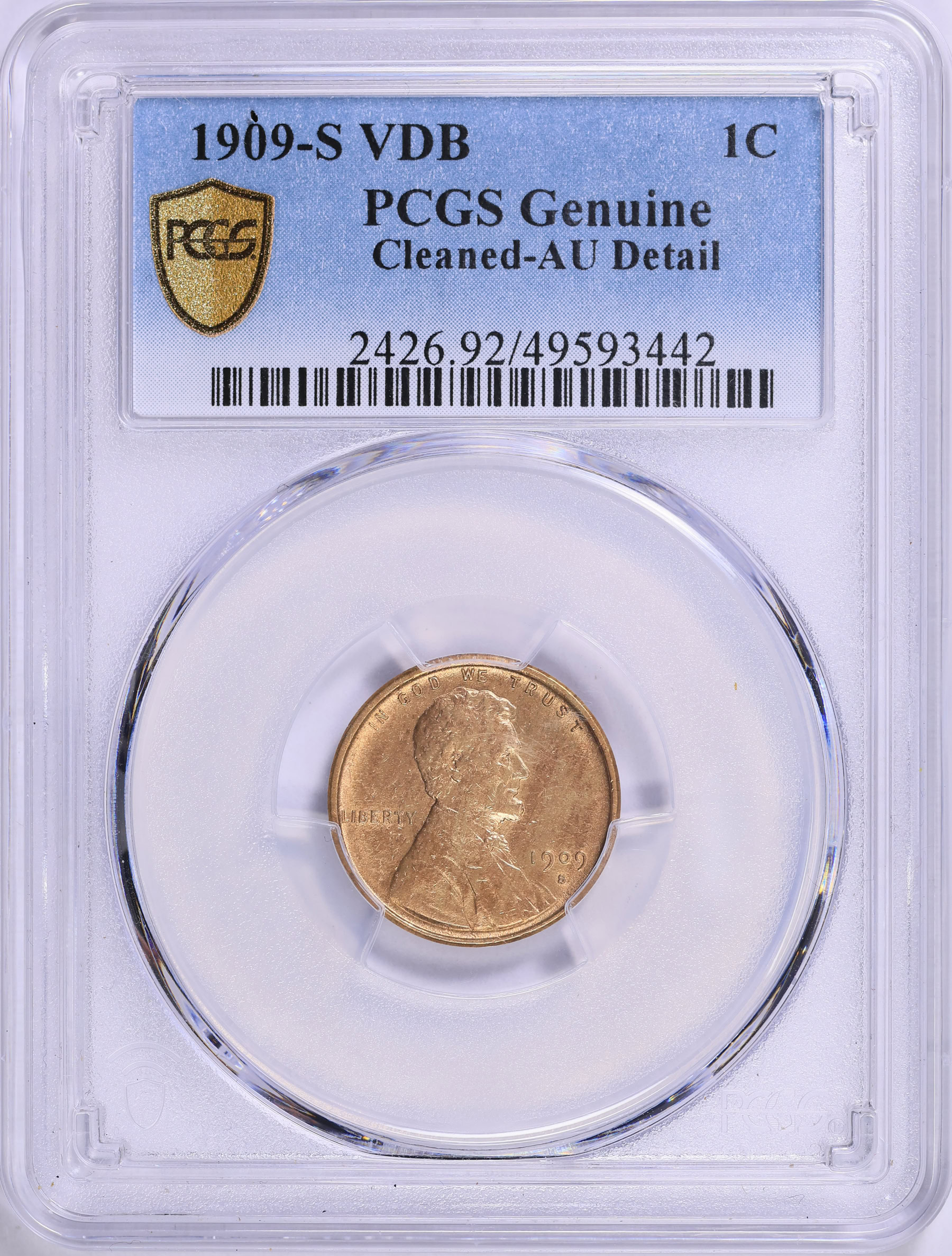 1909-S Lincoln Cent V.D.B. PCGS Genuine AU Details (Item 1794210) | GreatCollections Coin Auctions