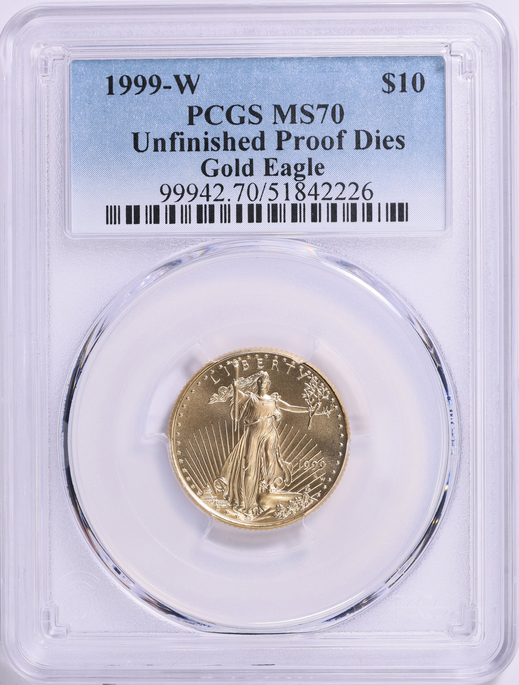 1999-W $10 Quarter-Ounce Gold American Eagle Made from Unfinished Proof ...