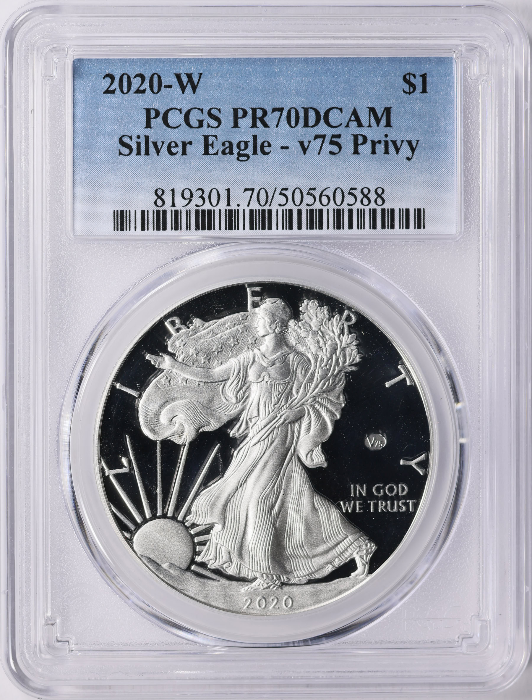 2020-W $1 Silver Eagle V75 Privy PCGS Proof-70 DCAM (Item 1794243) | GreatCollections Coin Auctions