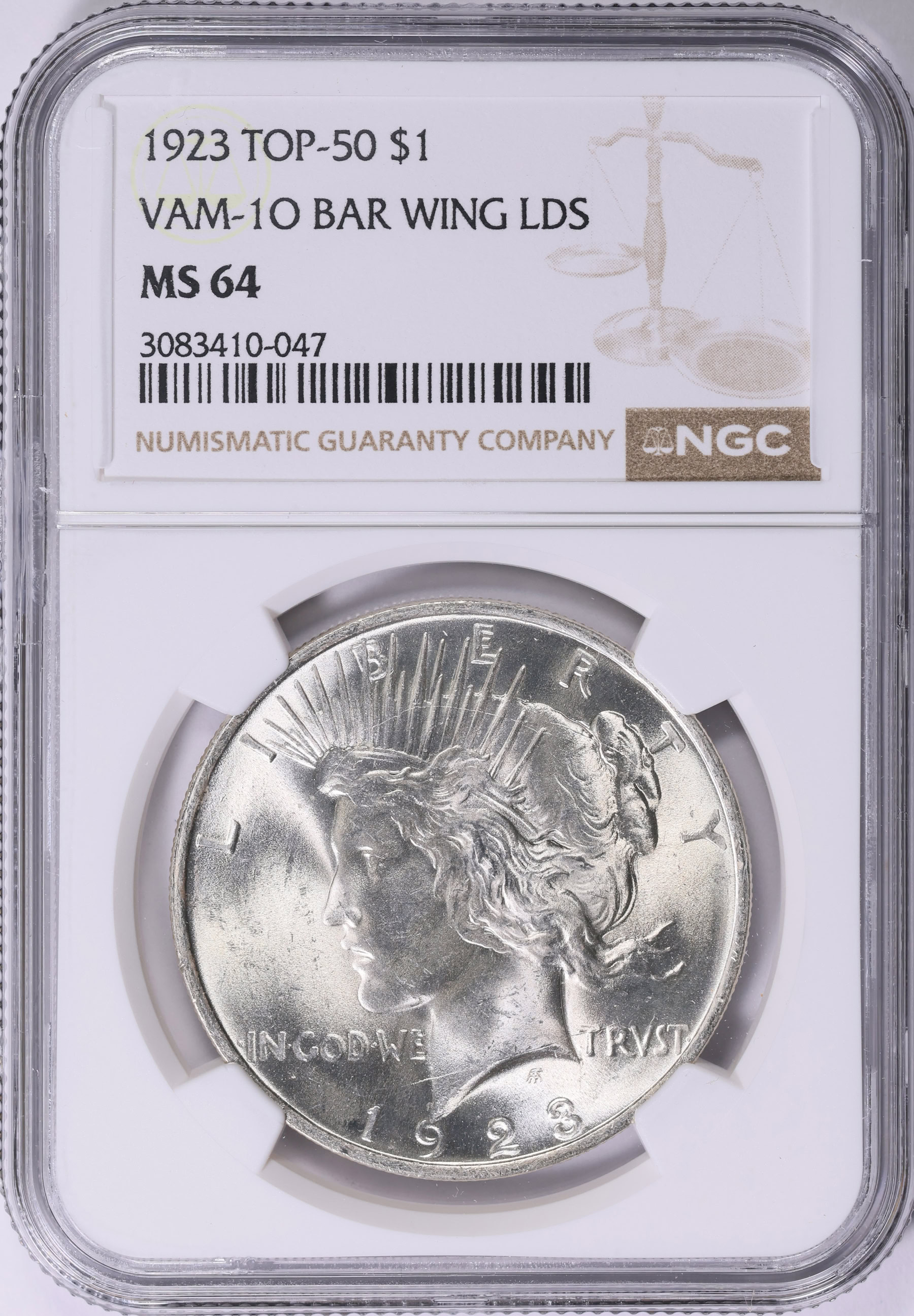 1923 Peace Silver Dollar VAM-1O Bar Wing LDS Top 50 NGC MS-64 (Item 1794417) | GreatCollections ...