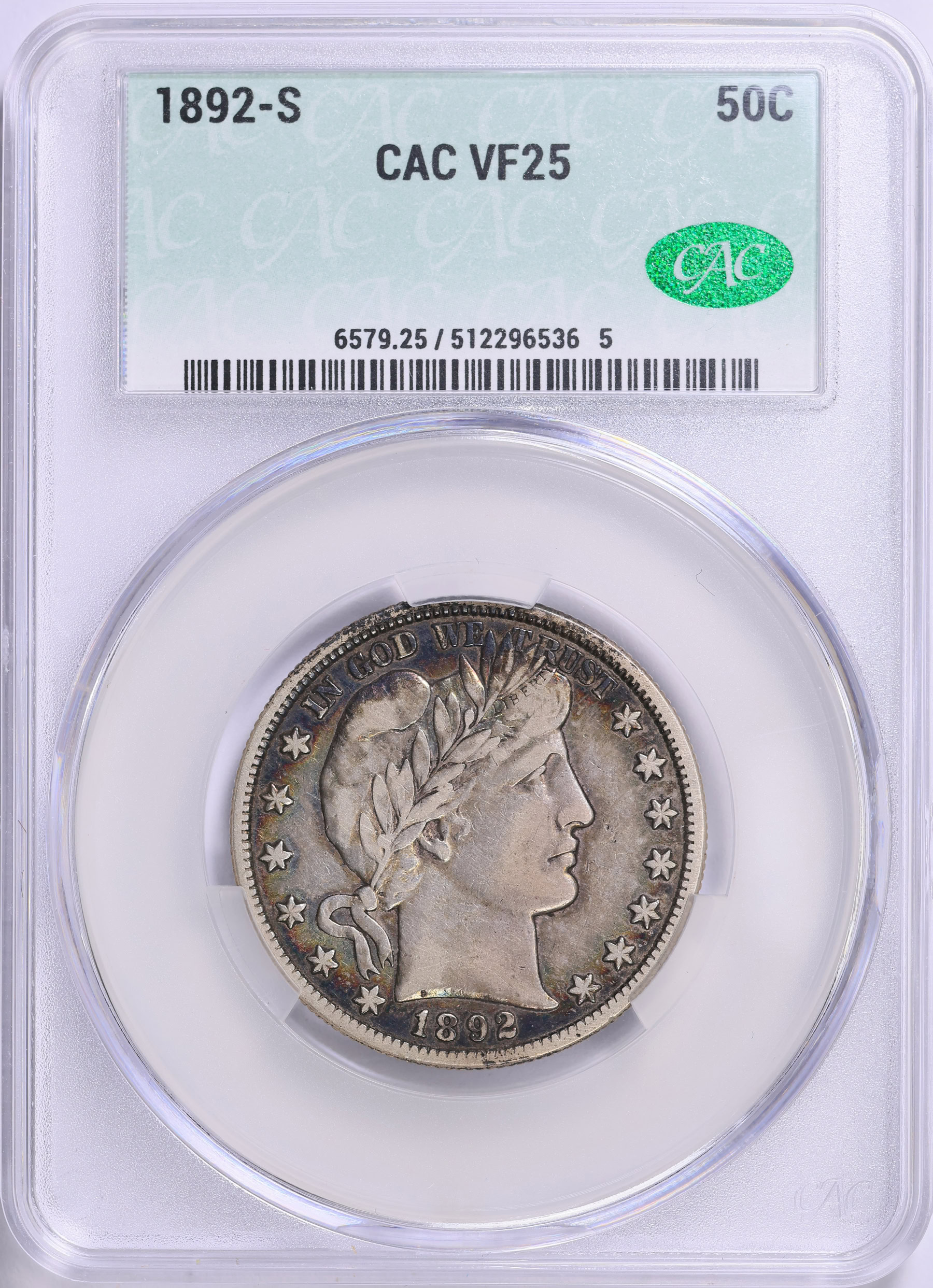 1892-S Barber Half Dollar CACG VF-25 (Toned) (Item 1794435) | GreatCollections Coin Auctions