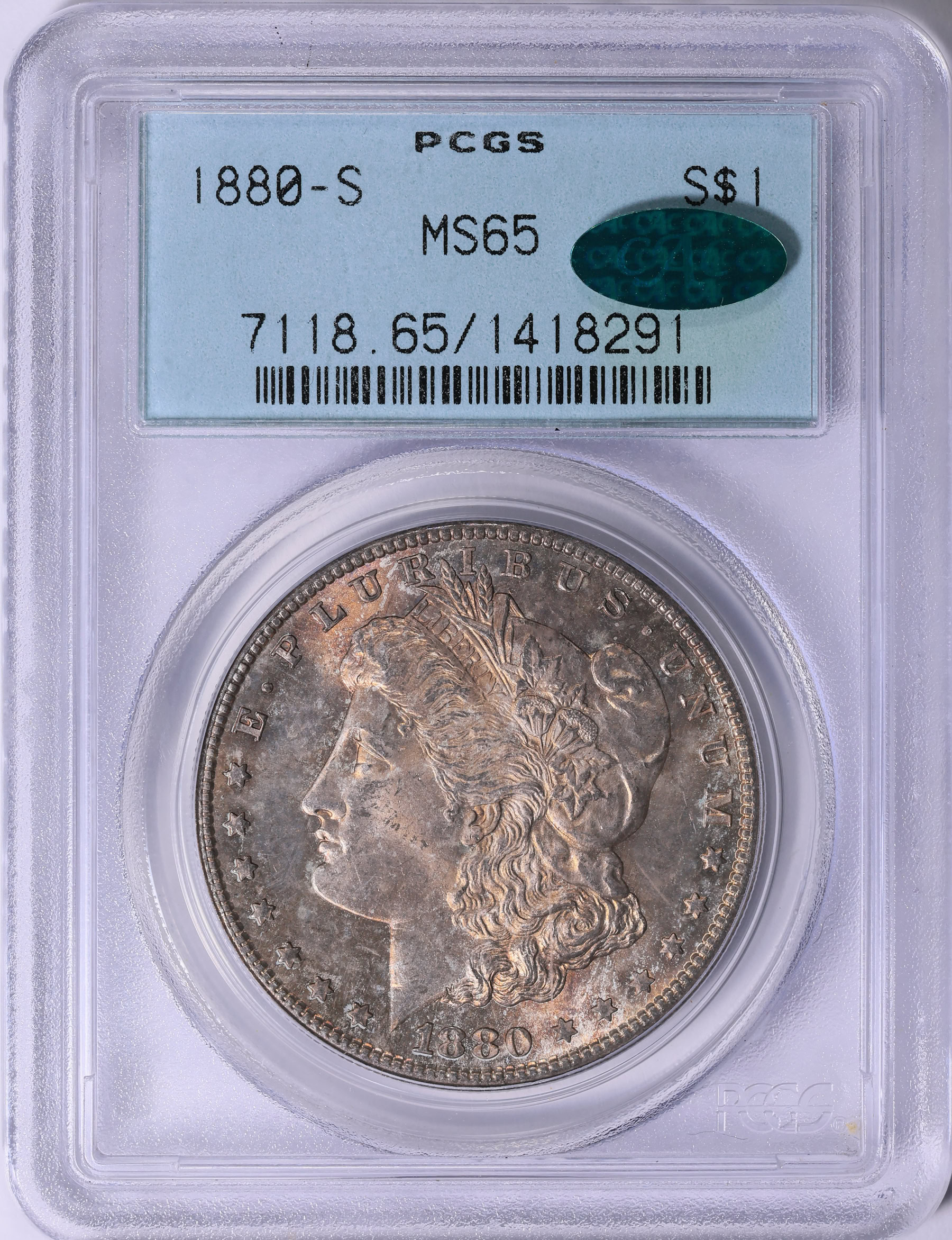 1880-S Morgan Silver Dollar PCGS MS-65 (CAC Green) OGH (Toned) (Item 1794441) | GreatCollections ...