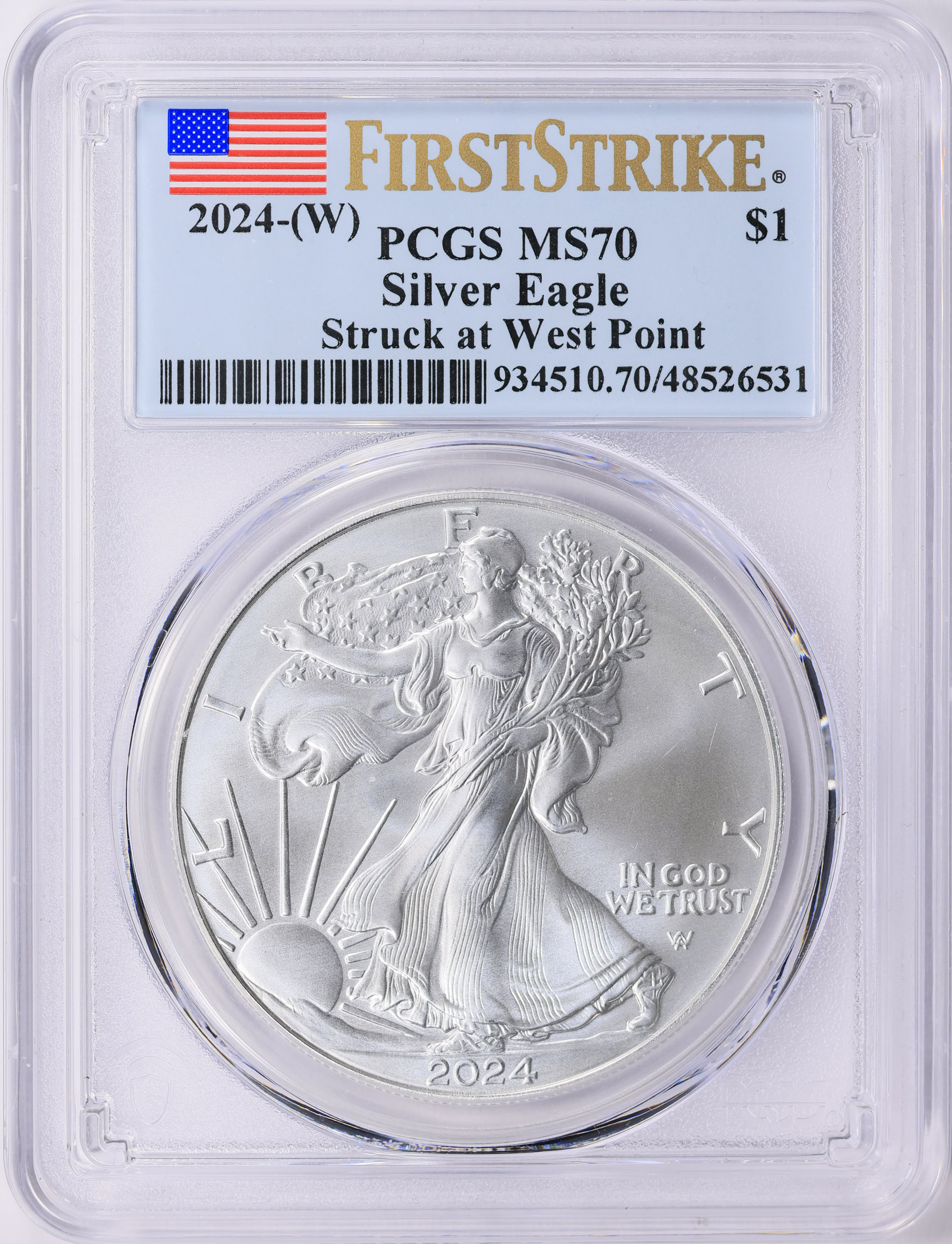 2024-(W) $1 Silver Eagle Struck at West Point First Strike PCGS MS-70 | PCGS Cert #48526531 ...