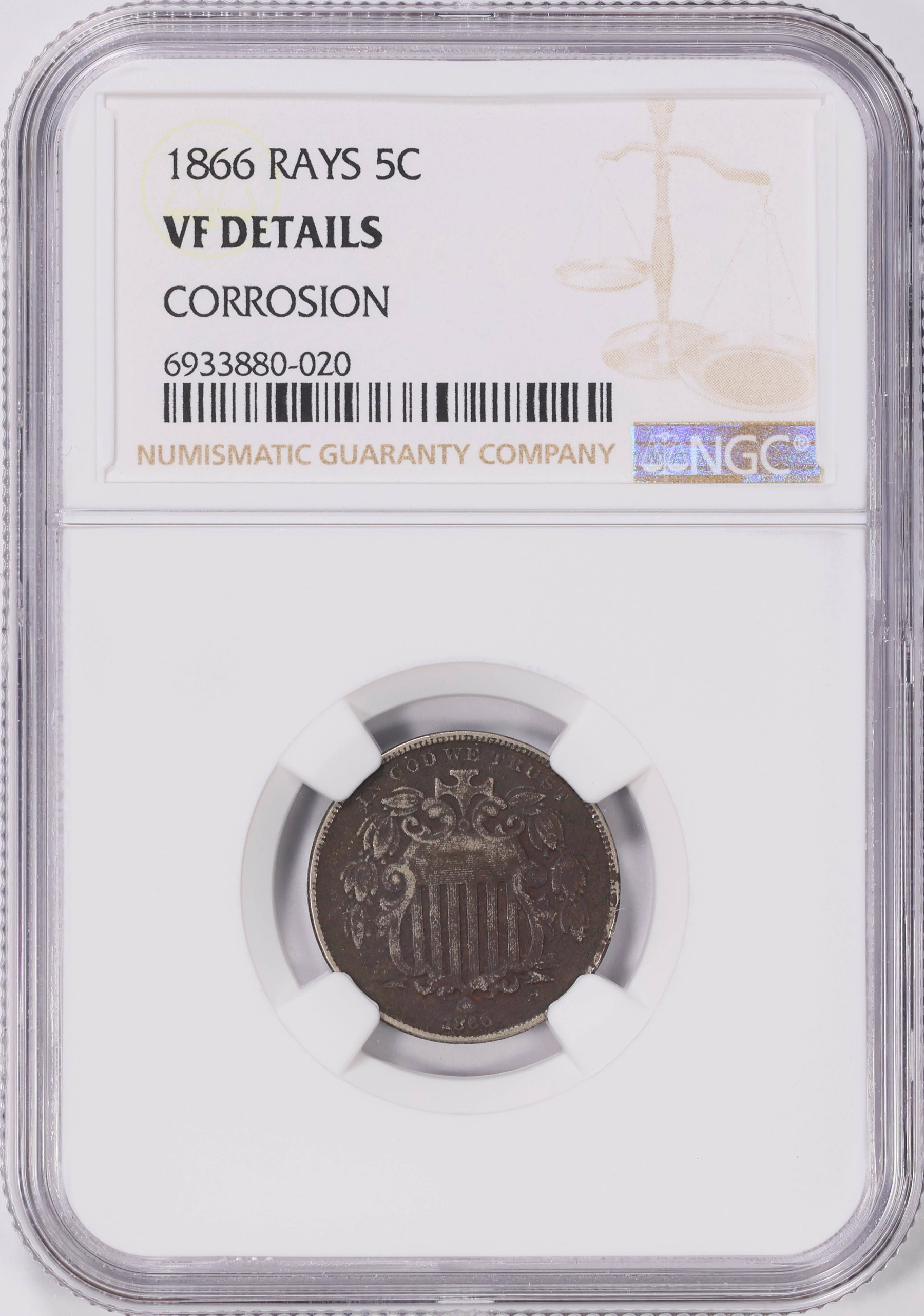1866 Shield Nickel Rays NGC VF Details (Item 1794889) | GreatCollections Coin Auctions