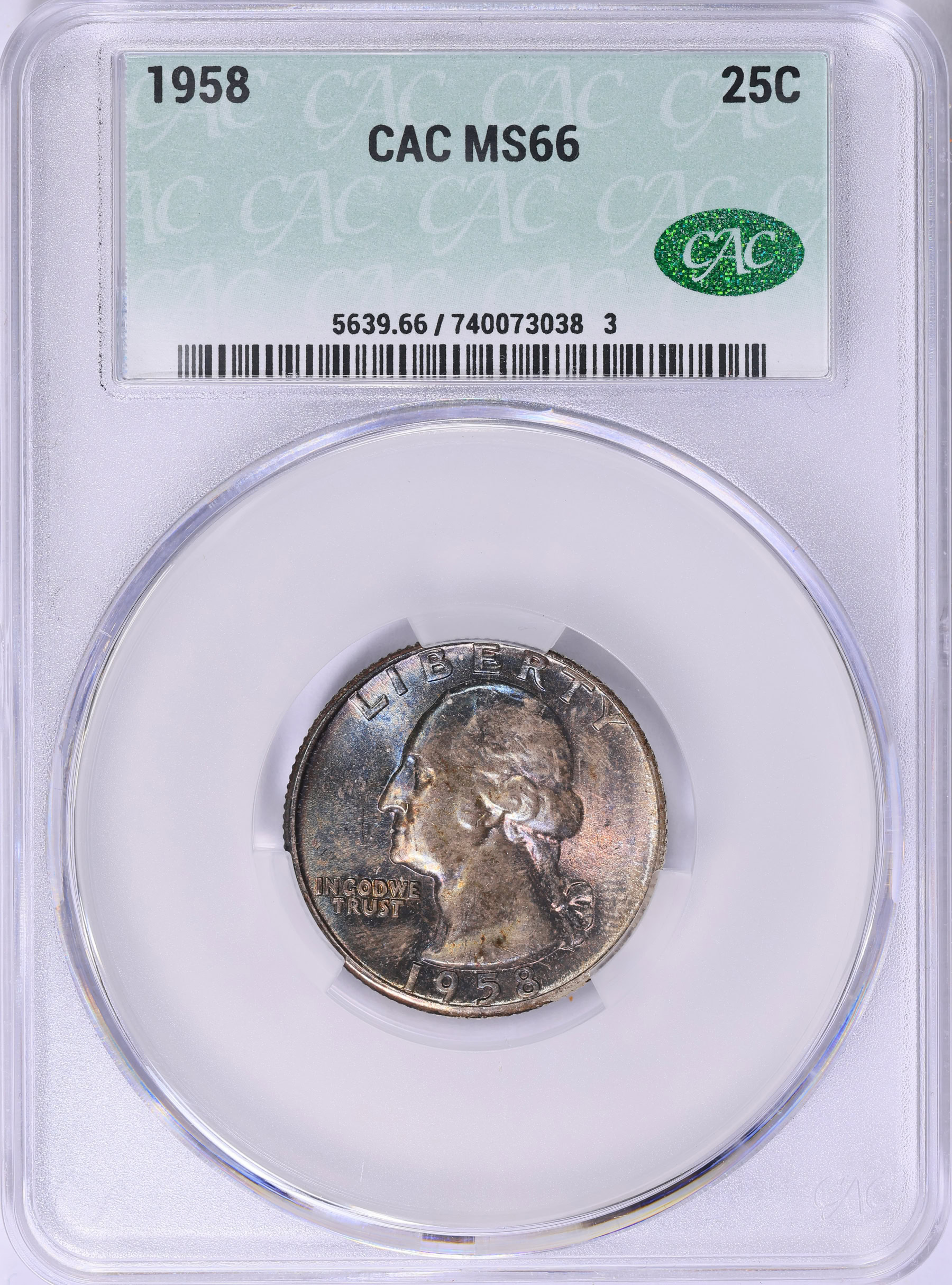 1958 Washington Quarter CACG MS-66 (Toned) (Item 1794955) | GreatCollections Coin Auctions