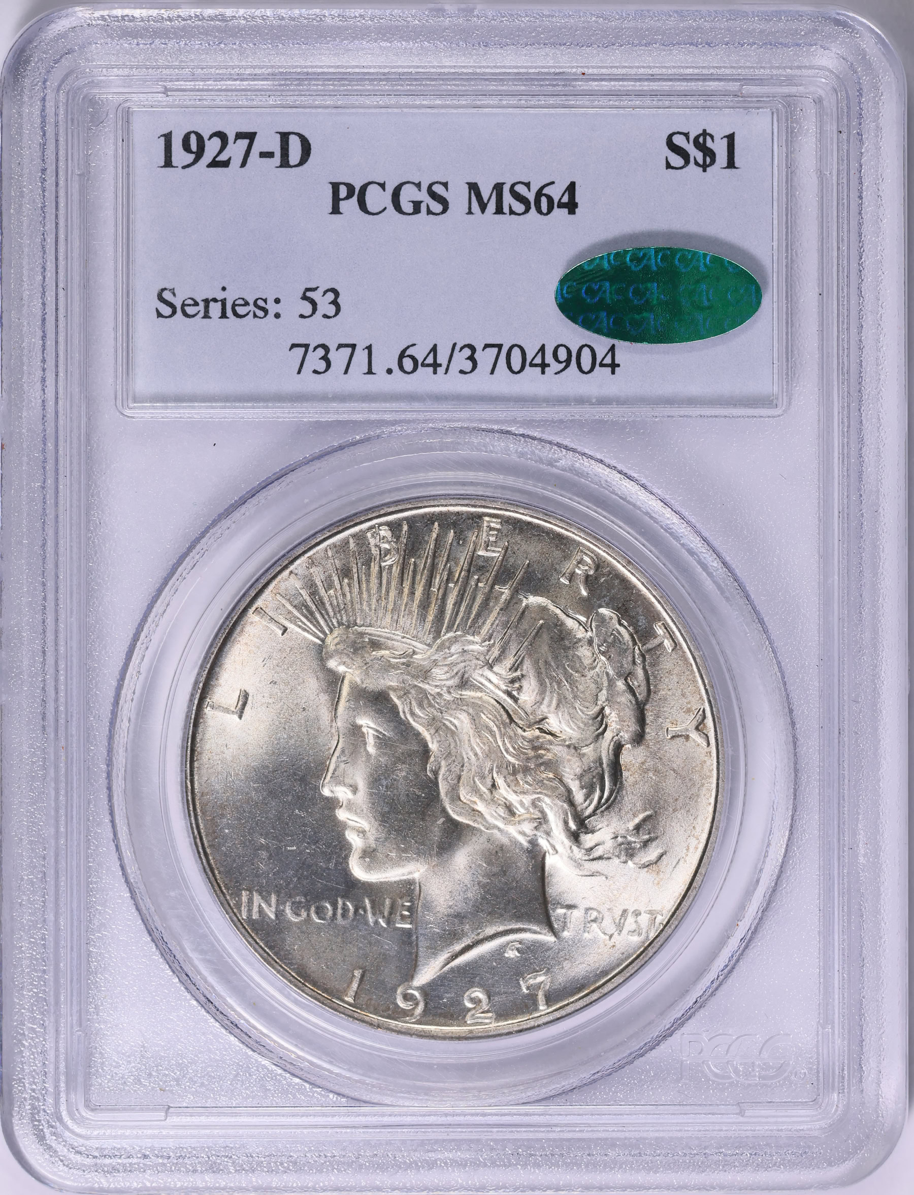1927-D Peace Silver Dollar PCGS MS-64 (CAC Green) (Item 1795009) | GreatCollections Coin Auctions