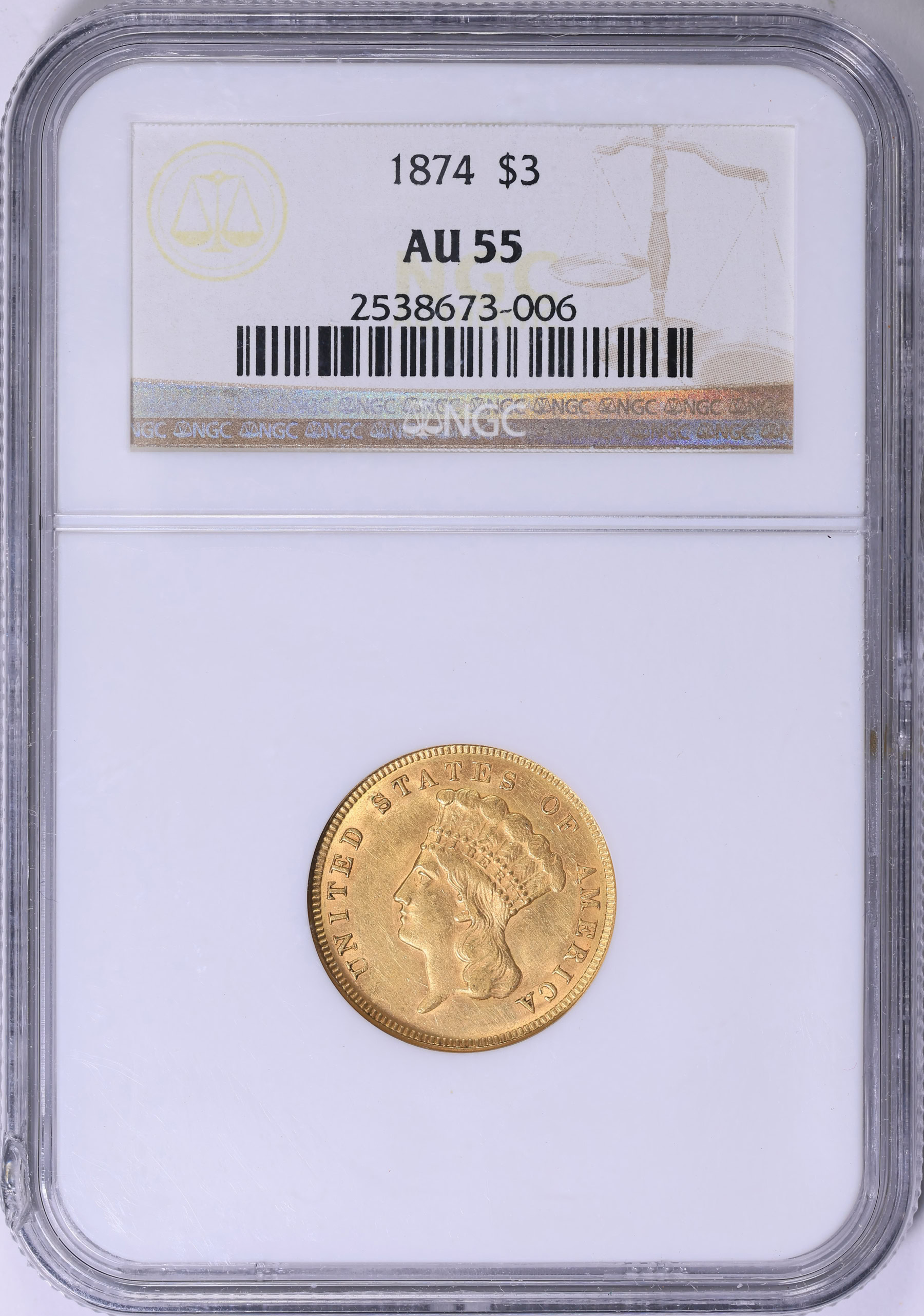 1874 Three-Dollar Gold Piece NGC AU-55 (Item 1795010 ...