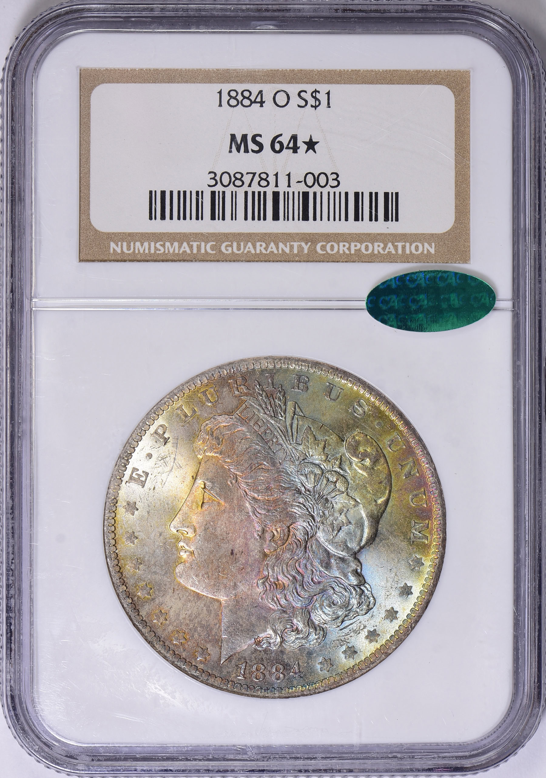 1884-O Morgan Silver Dollar NGC MS-64 ★ (CAC Green) (Toned) (Item 1795120) | GreatCollections ...