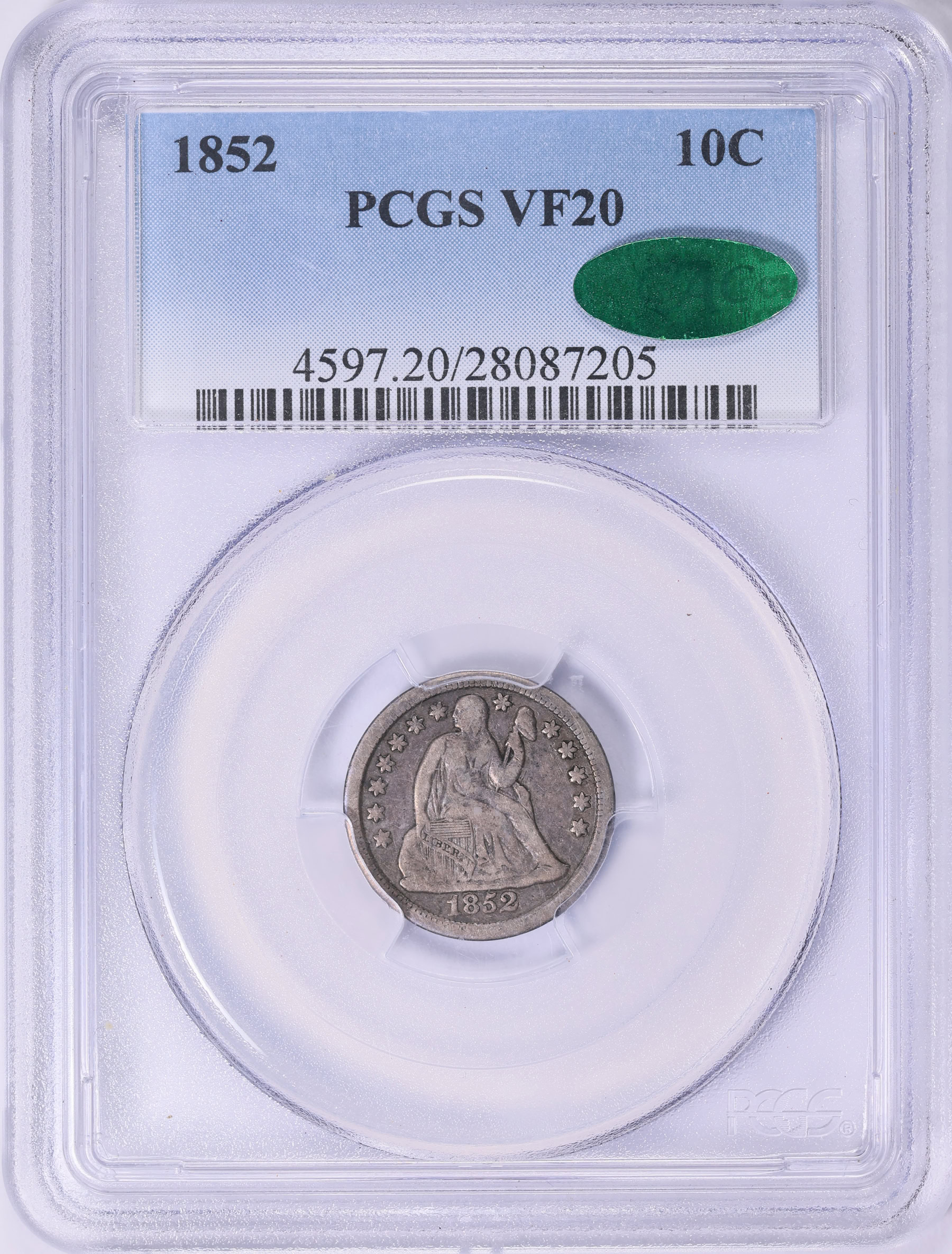 1852 Seated Liberty Dime PCGS VF-20 (CAC Green) (Item 1795138) | GreatCollections Coin Auctions