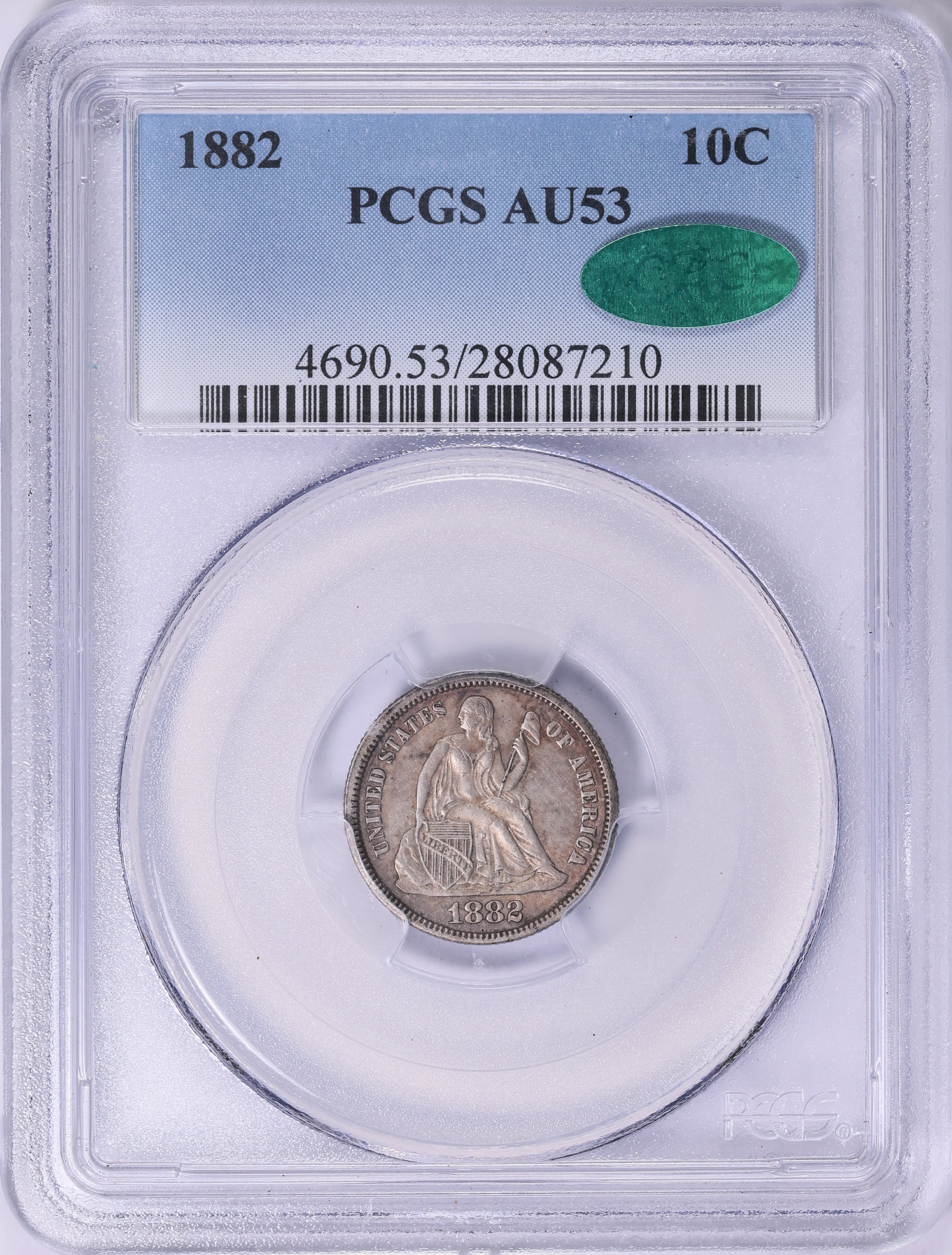 1882 Seated Liberty Dime PCGS AU-53 (CAC Green) (Item 1795158) | GreatCollections Coin Auctions