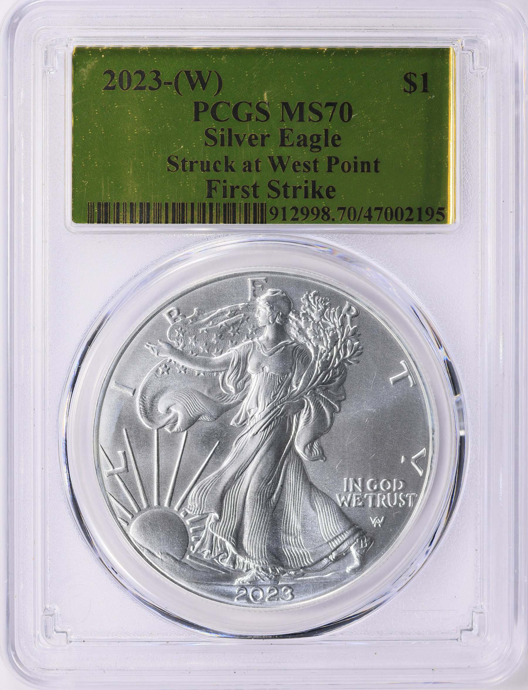 2023-(W) $1 Silver Eagle Struck at West Point First Strike PCGS MS-70 (Gold Foil Label) (Item ...