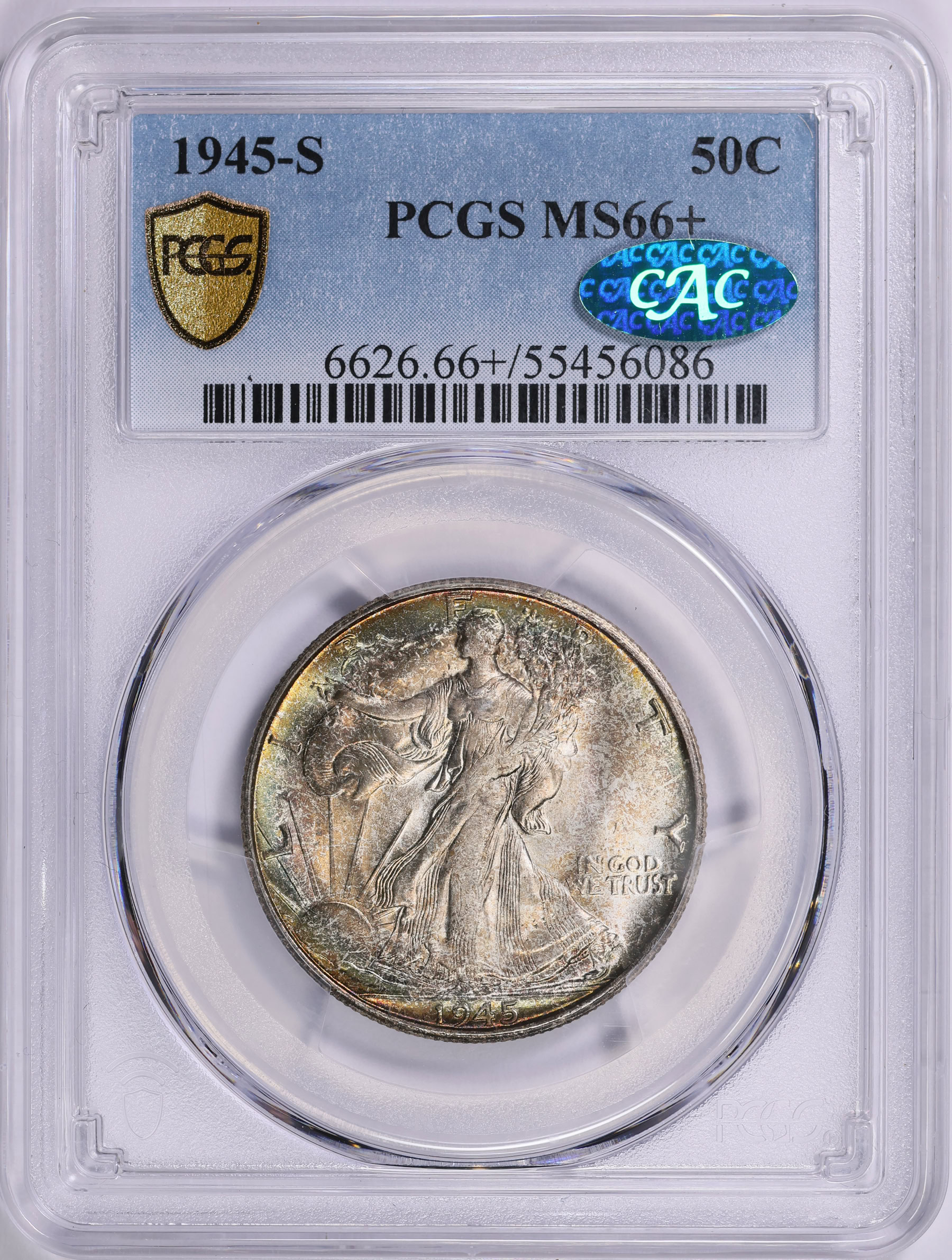 1945-S Walking Liberty Half Dollar PCGS MS-66+ (CAC Green) (Toned) (Item 1795410 ...