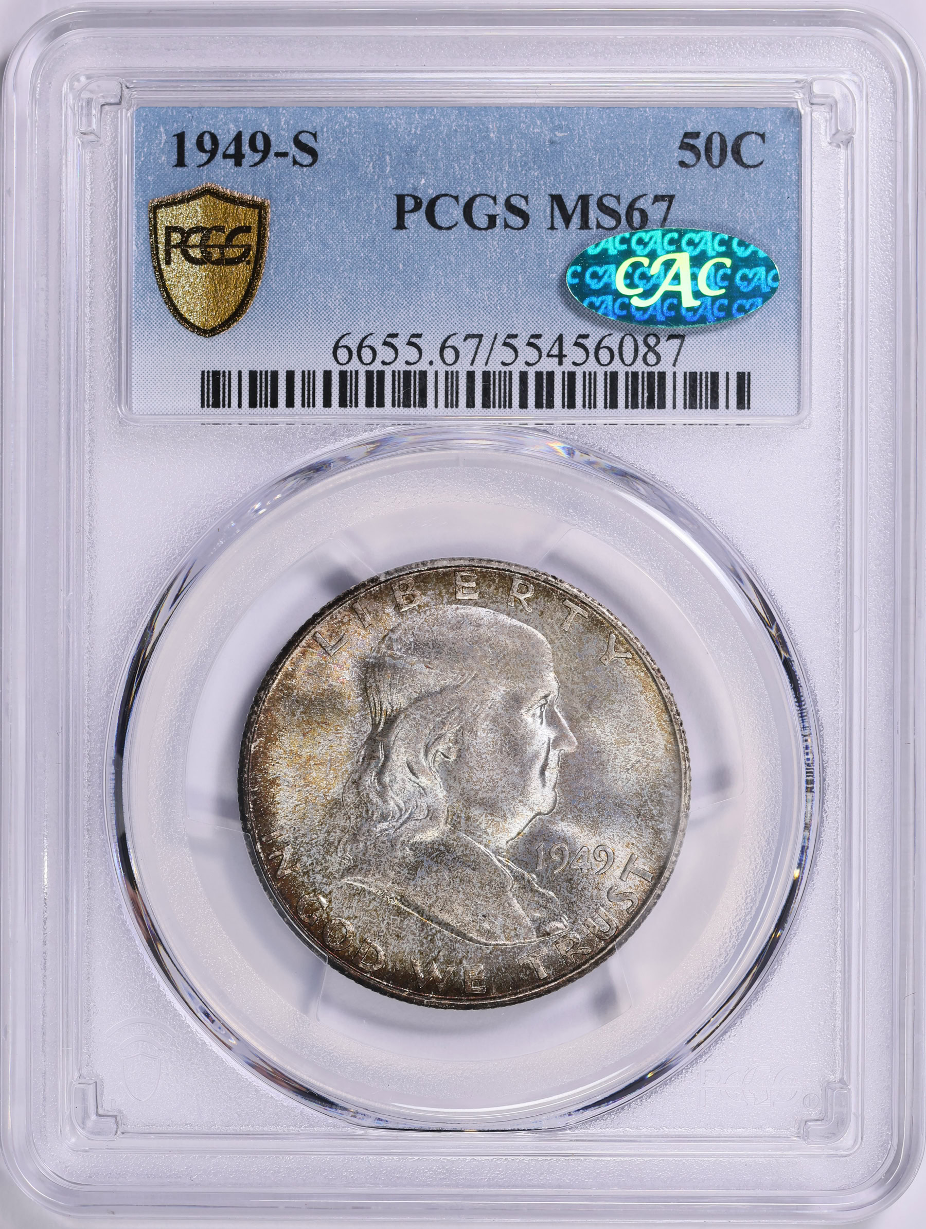 1949-S Franklin Half Dollar PCGS MS-67 (CAC Green) (Toned) (Item 1795423) | GreatCollections ...