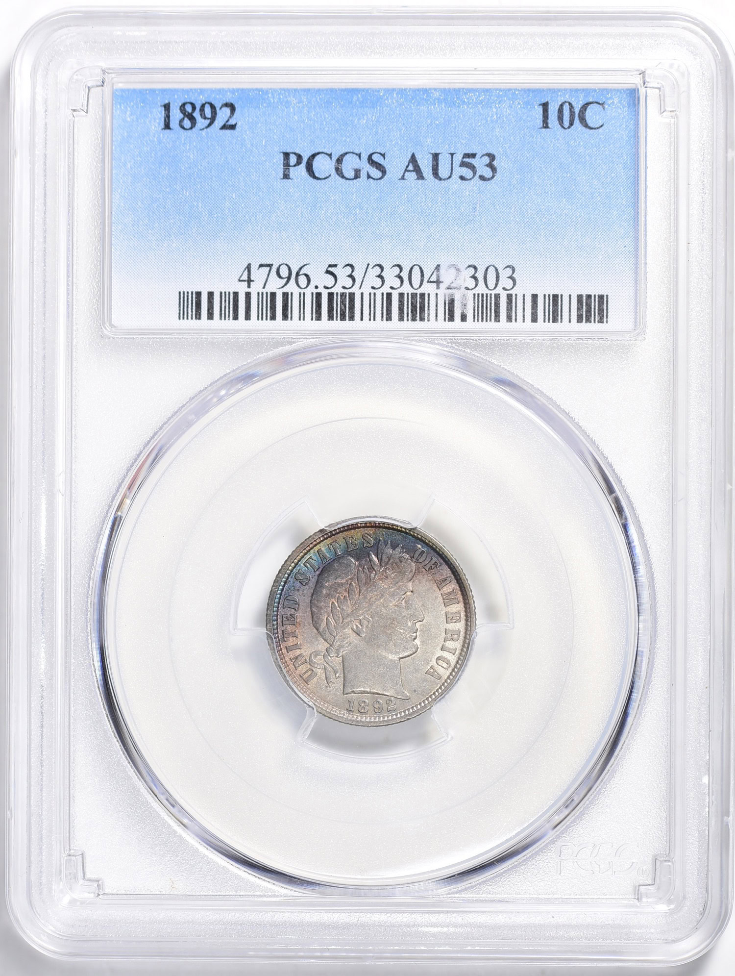 1892 Barber Dime PCGS AU-53 (Toned) (Item 1795689) | GreatCollections Coin Auctions