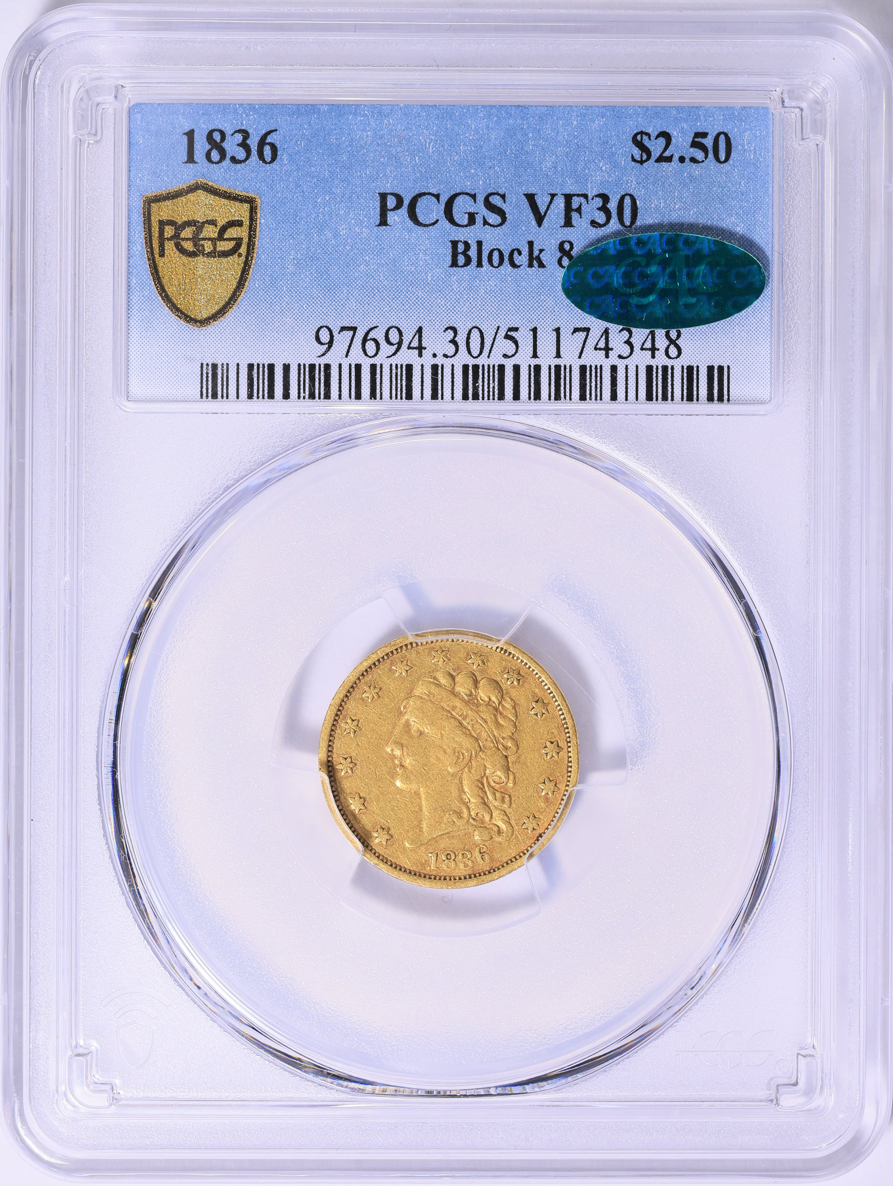 1836 Classic Gold Quarter Eagle Block 8 PCGS VF-30 (CAC Green) (Item ...