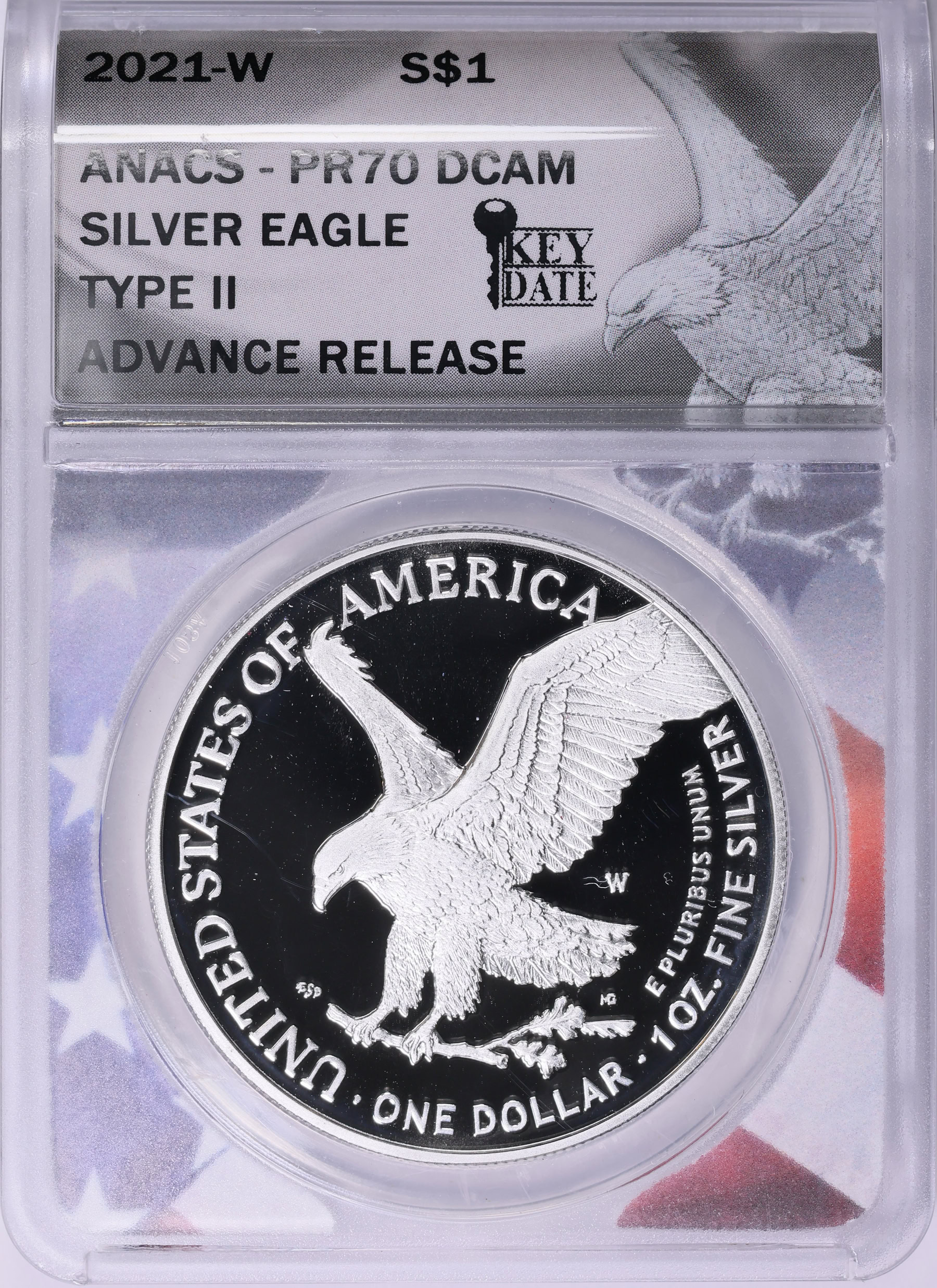 2021-W $1 Silver Eagle Type 2 Advance Release ANACS Proof-70 DCAM (Flag Frame Holder) (Item ...