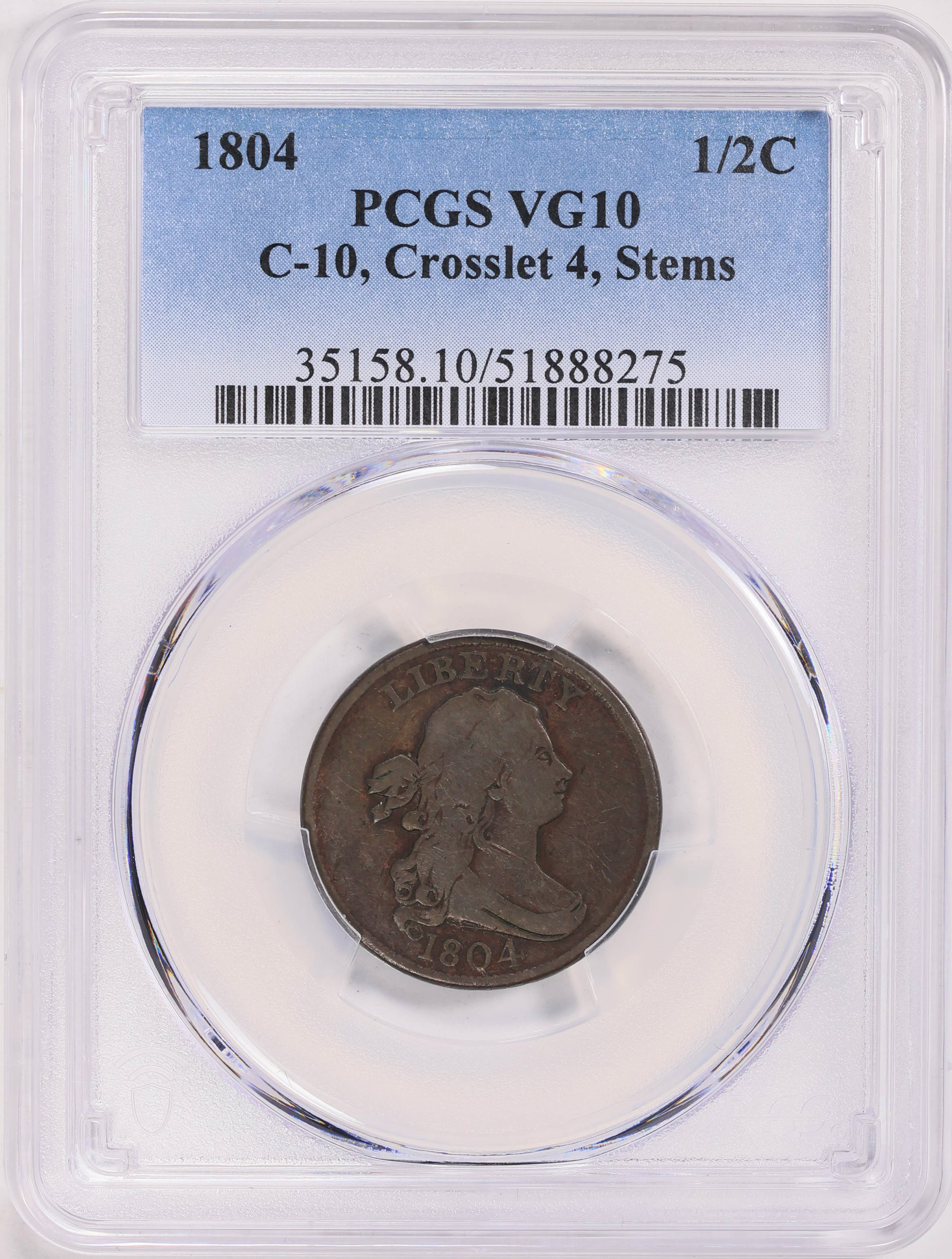 1804 Draped Bust Half Cent Crosslet 4, Stems Cohen 10 PCGS VG-10 BN ...