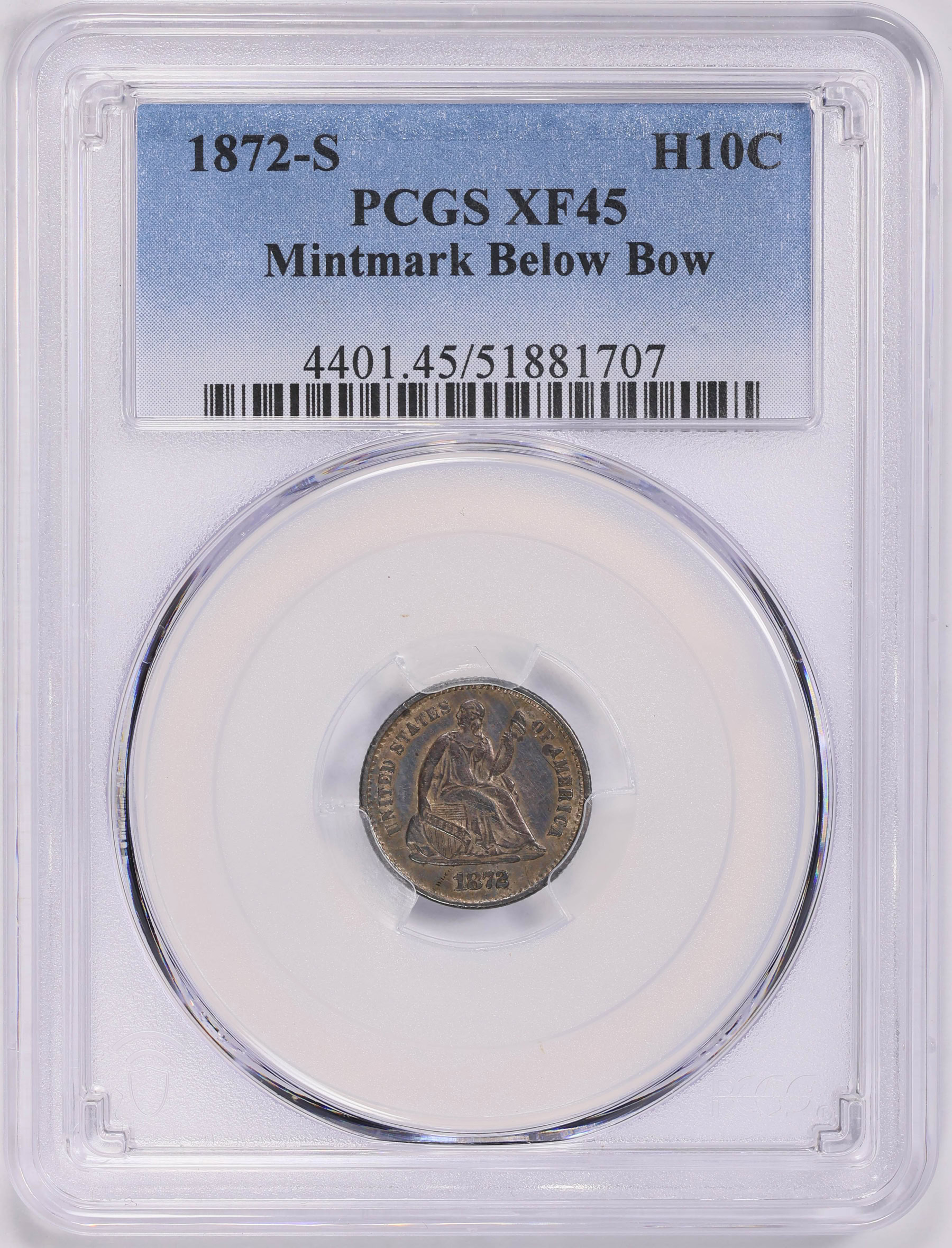 1872-S Seated Liberty Half Dime Mintmark Below Bow PCGS XF-45 (Item 1796001) | GreatCollections ...