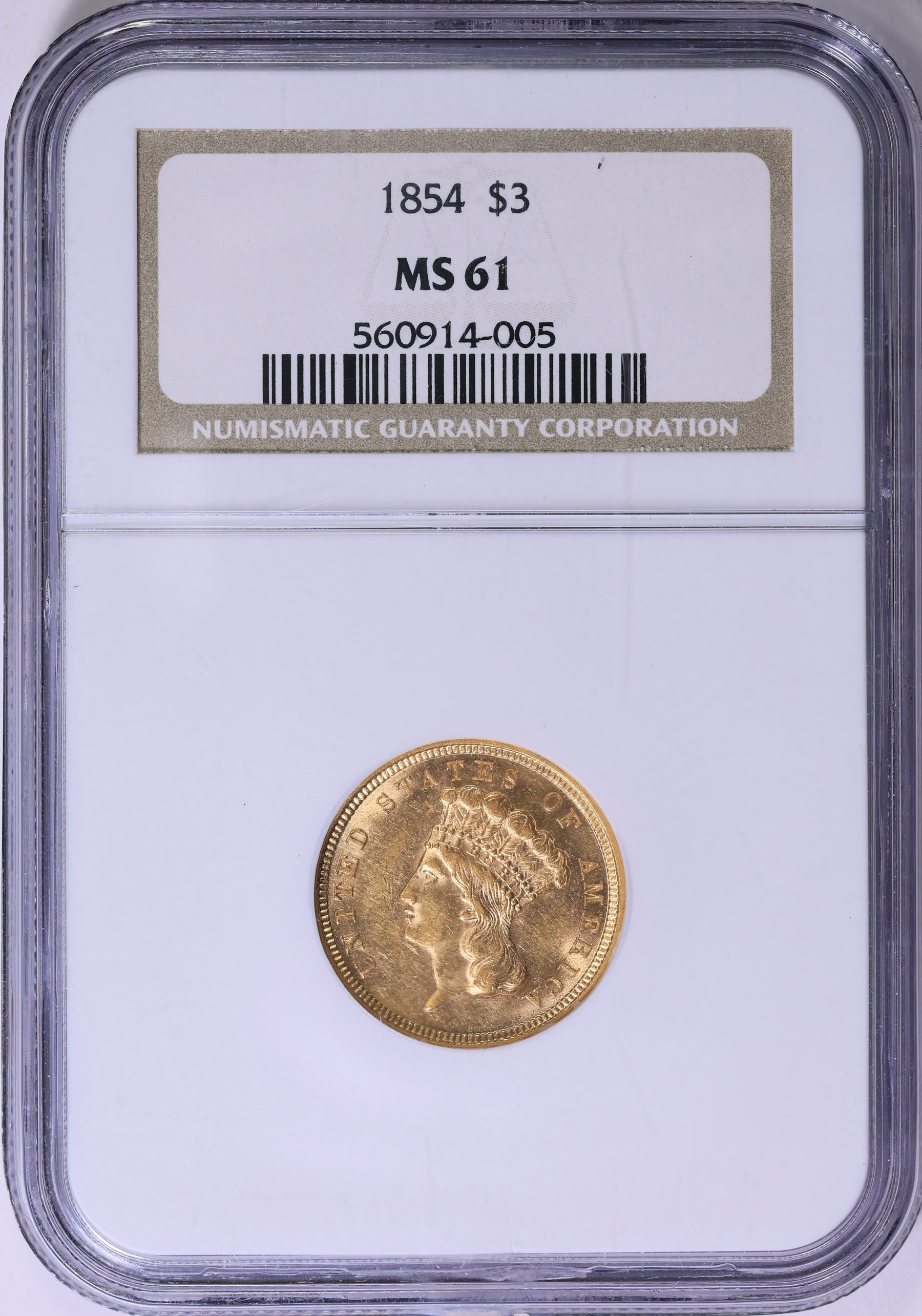 1854 Three-Dollar Gold Piece NGC MS-61 (Item 1796251) | GreatCollections Coin Auctions