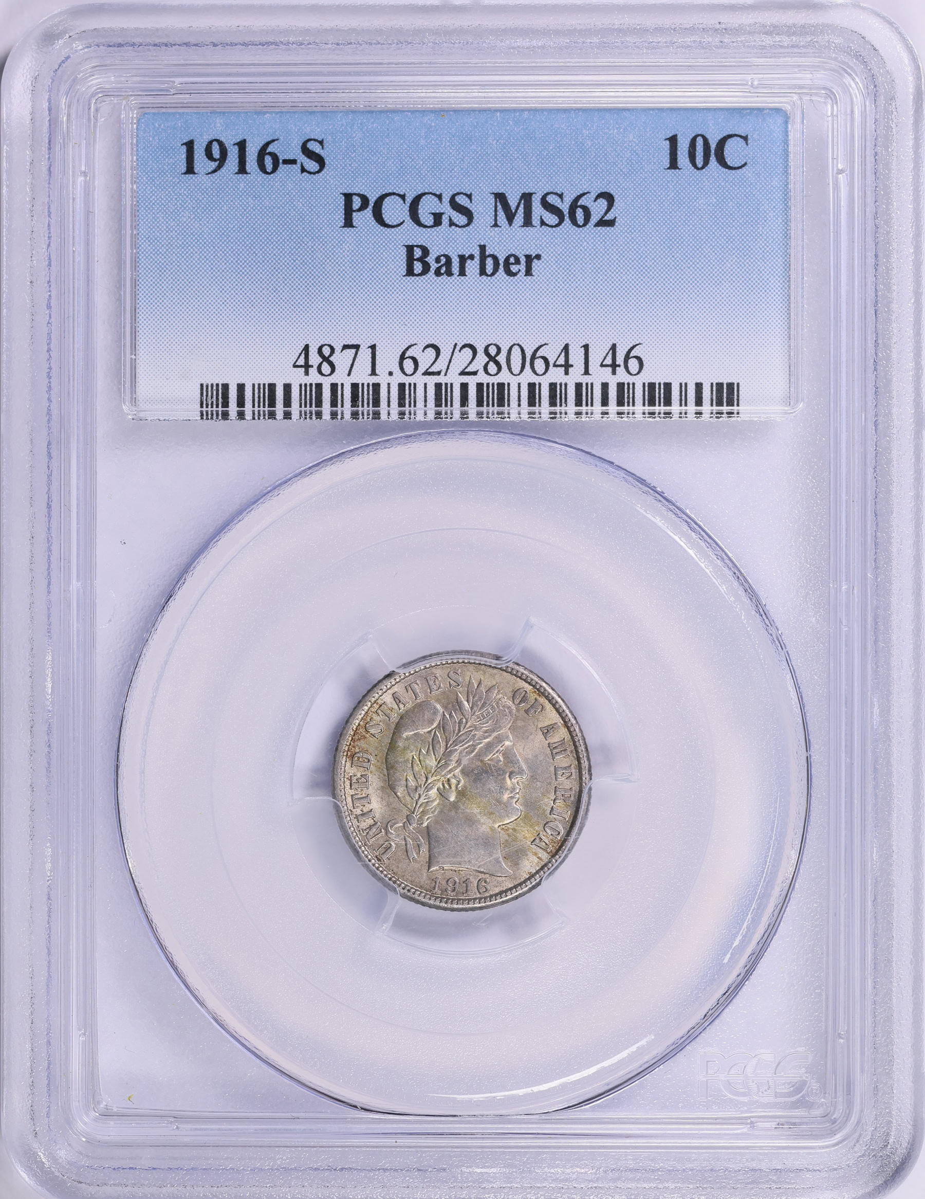 1916-S Barber Dime PCGS MS-62 (Toned) (Item 1796481) | GreatCollections ...