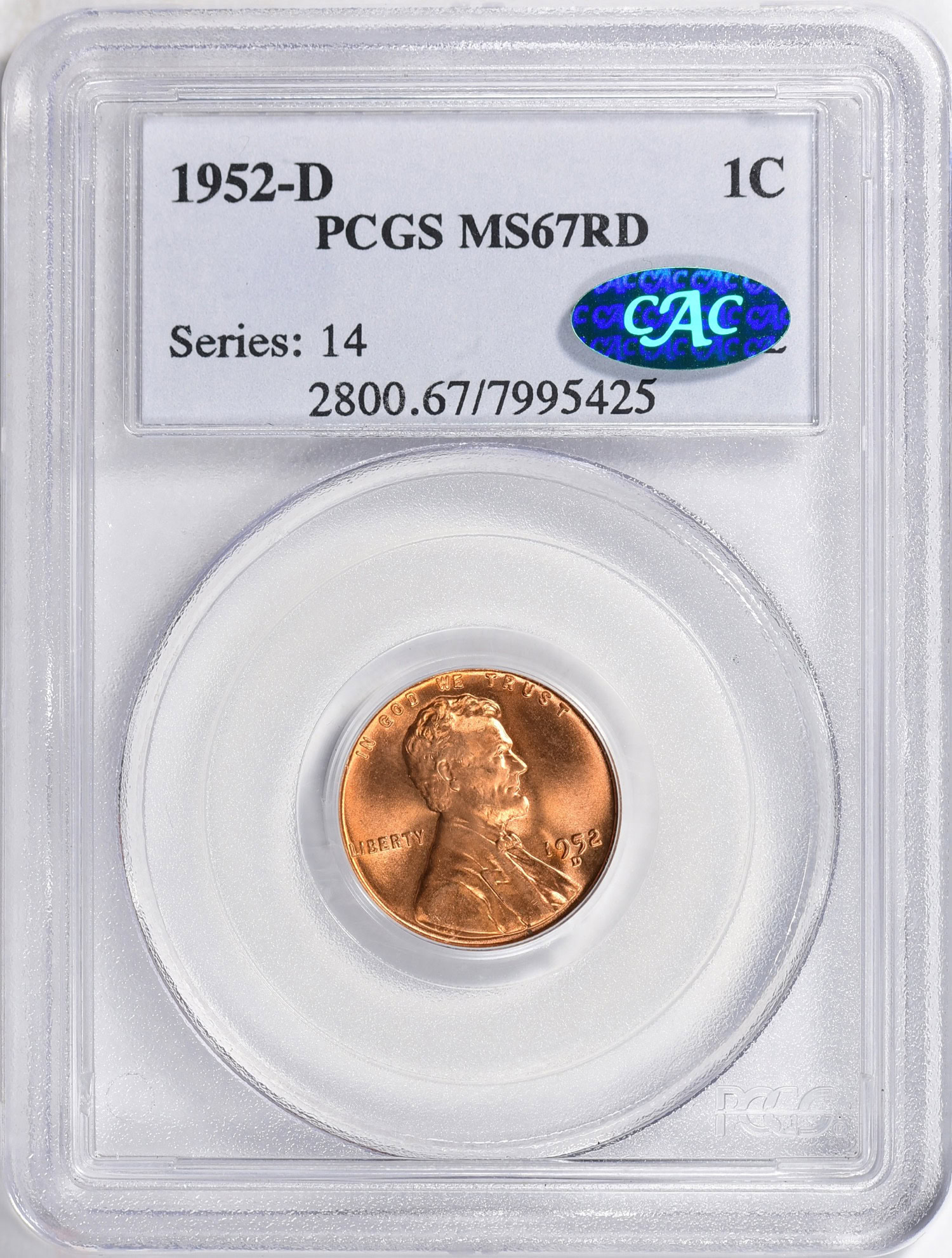 1952-D Lincoln Cent PCGS MS-67 RD (CAC Green) (Item 1796655) | GreatCollections Coin Auctions