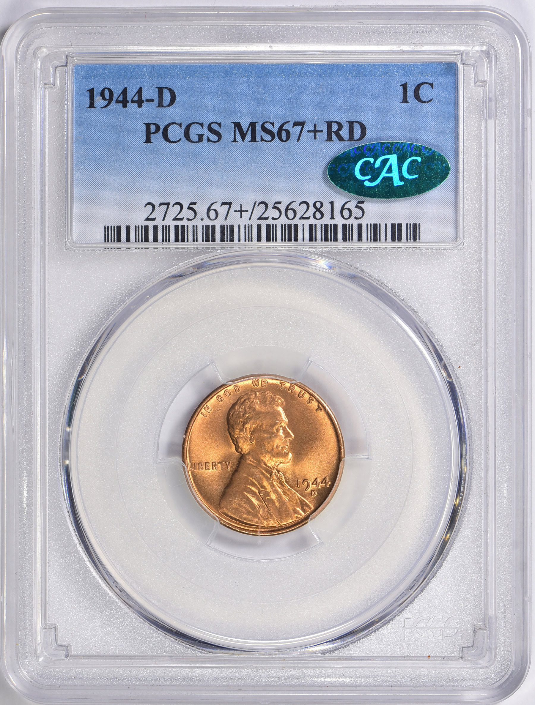 1944-D Lincoln Cent PCGS MS-67+ RD (CAC Green) (Item 1796691) | GreatCollections Coin Auctions