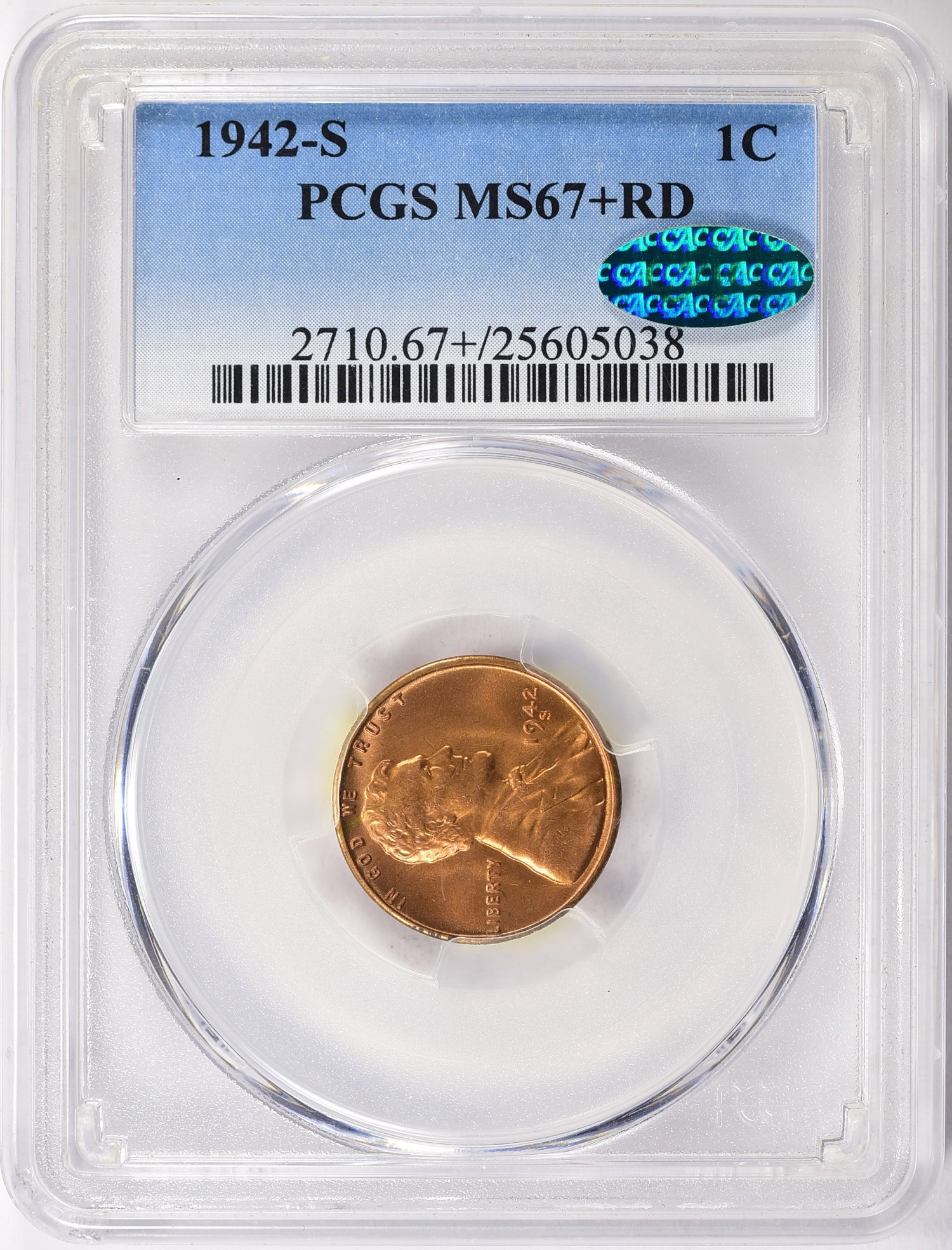 1942-S Lincoln Cent PCGS MS-67+ RD (CAC Green) (Item 1796696) | GreatCollections Coin Auctions