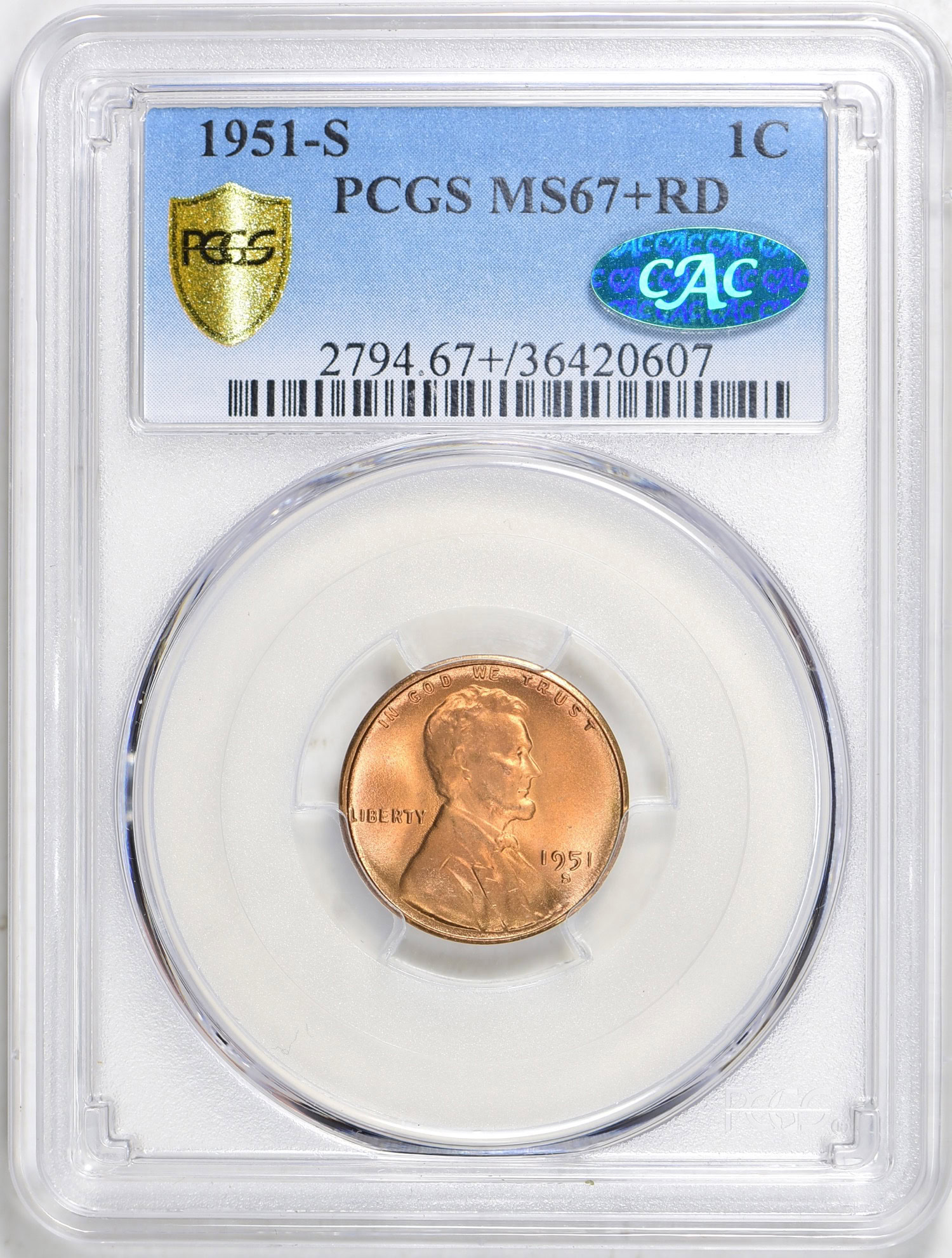 1951-S Lincoln Cent PCGS MS-67+ RD (CAC Green) (Item 1796708) | GreatCollections Coin Auctions