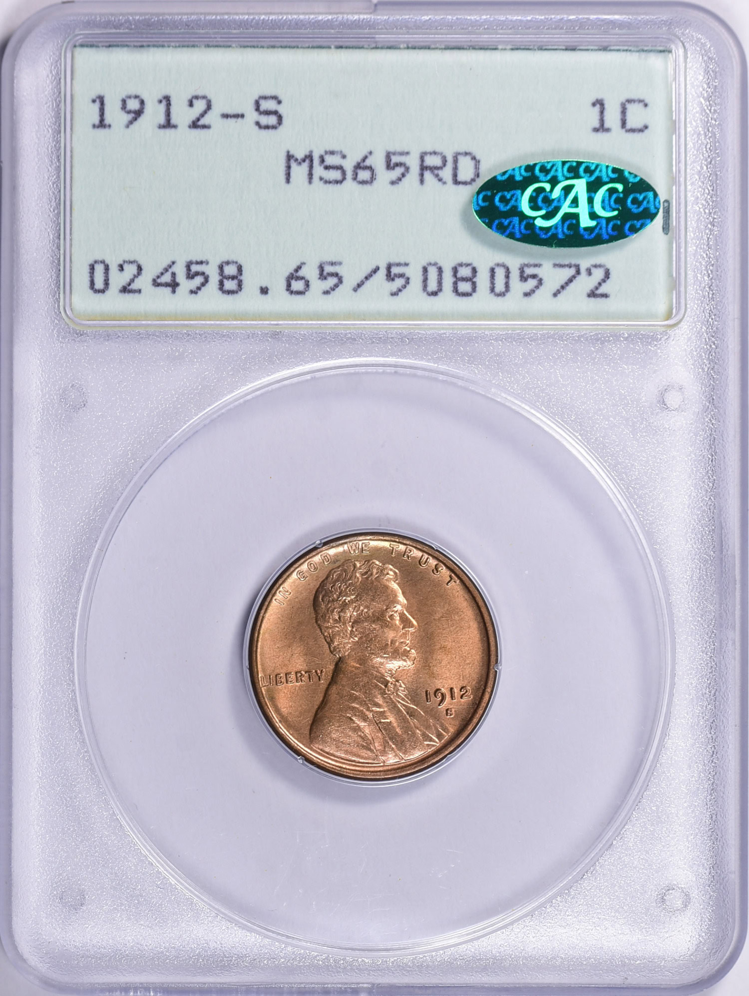 1912-S Lincoln Cent PCGS MS-65 RD (CAC Green) OGH (1st Gen) (Item ...