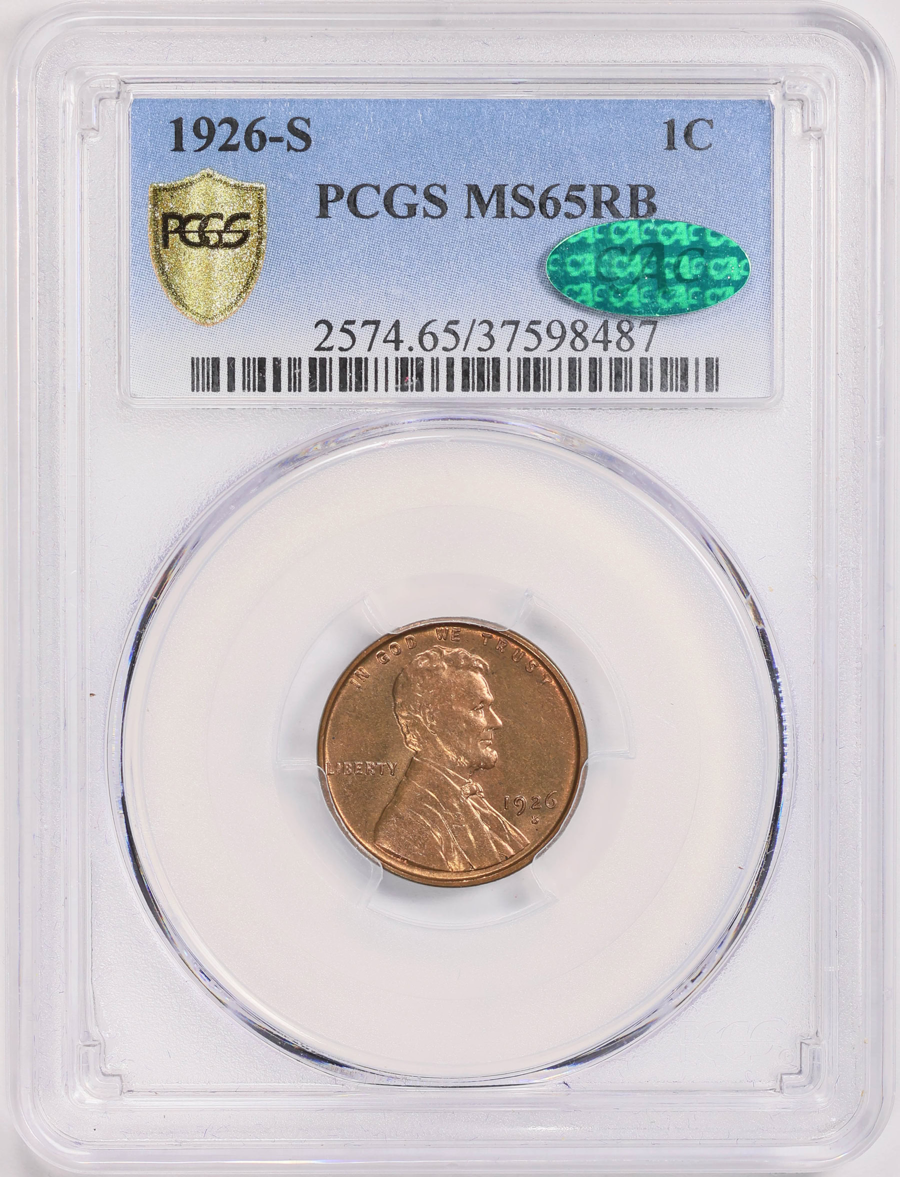 1926-S Lincoln Cent PCGS MS-65 RB (CAC Green) (Item 1796716) | GreatCollections Coin Auctions