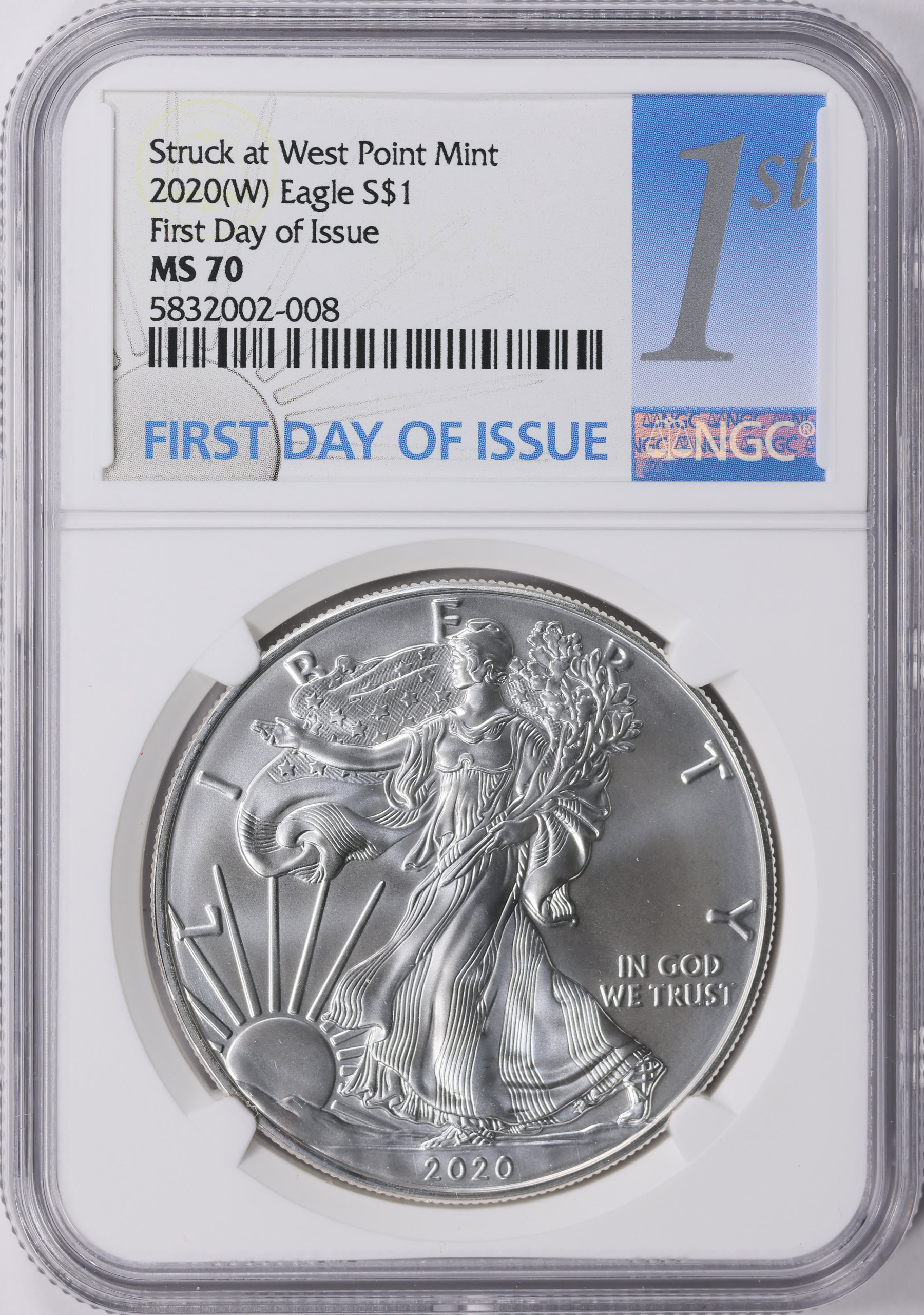 2020-(W) $1 Silver Eagle First Day of Issue Struck at West Point NGC MS-70 (Item 1796910 ...