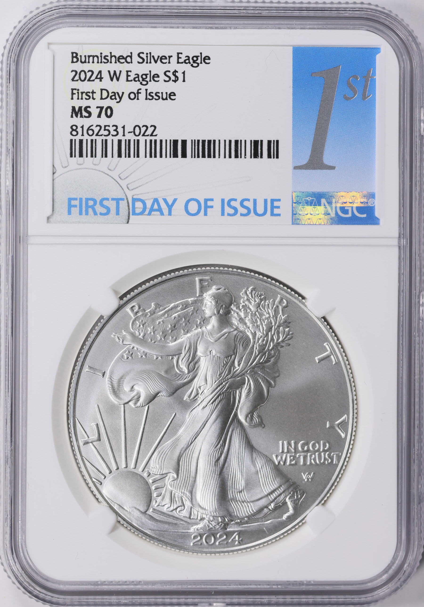 2024-W $1 Silver Eagle Burnished First Day of Issue NGC MS-70 | NGC Cert #8162531-022 ...