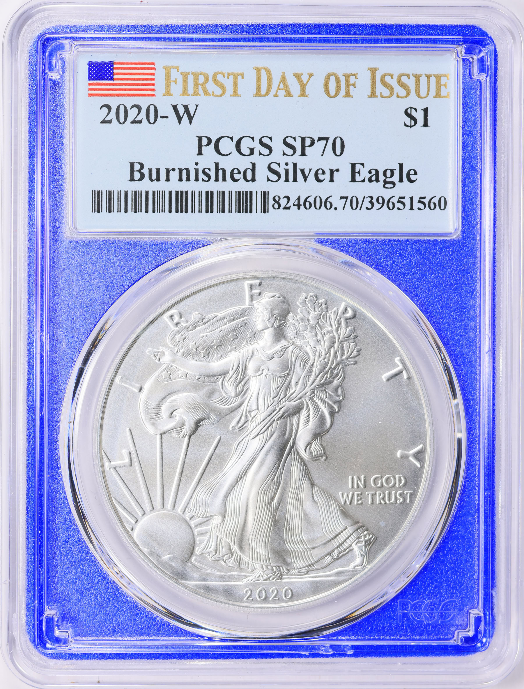 2020-W $1 Silver Eagle Burnished First Day of Issue PCGS SP-70 (Blue Frame Holder) (Item 1796957 ...
