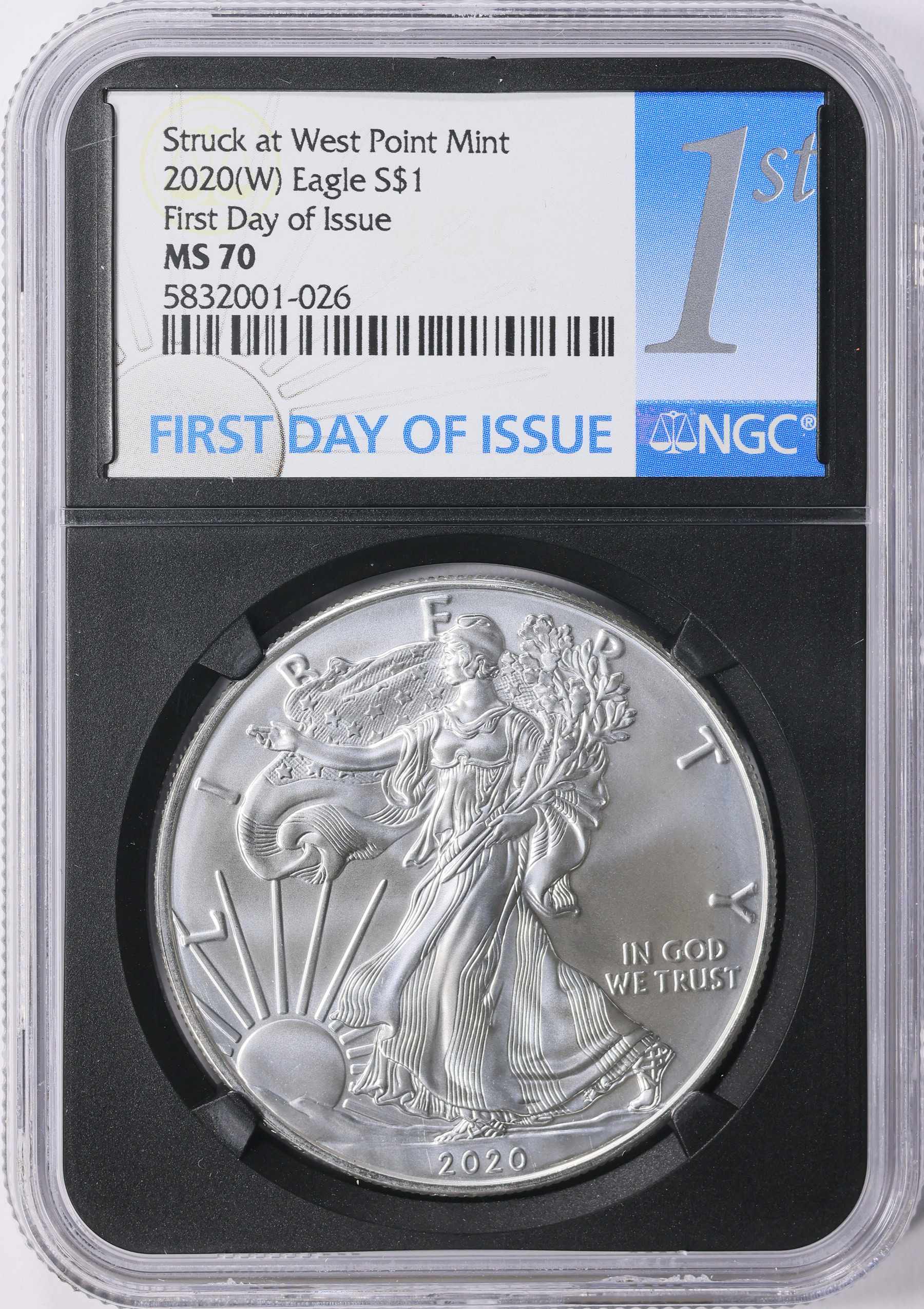 2020-(W) $1 Silver Eagle First Day of Issue Struck at West Point NGC MS-70 (Black Retro Holder ...