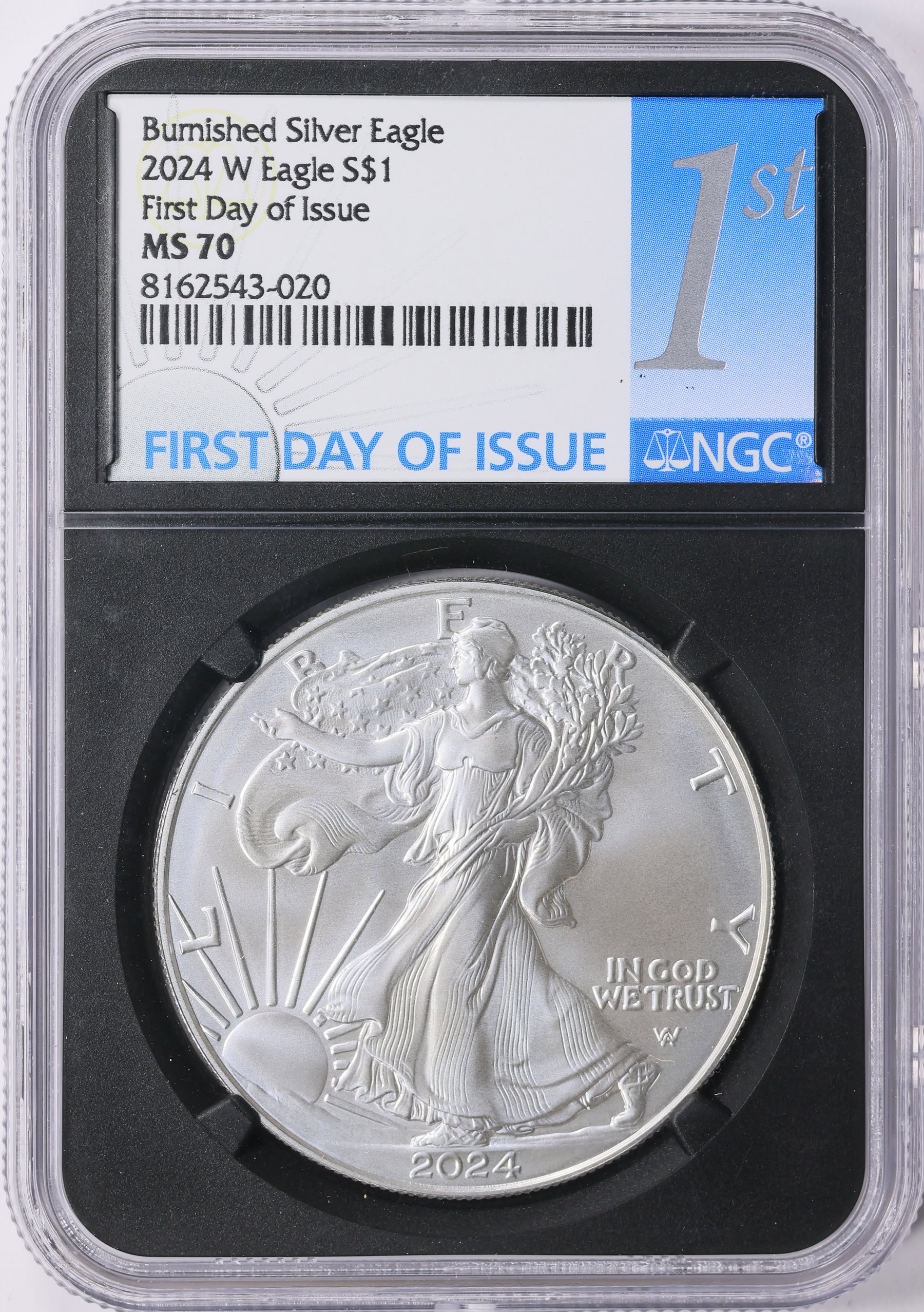 2024-W $1 Silver Eagle Burnished First Day of Issue NGC MS-70 (Black Retro Holder) | NGC Cert ...