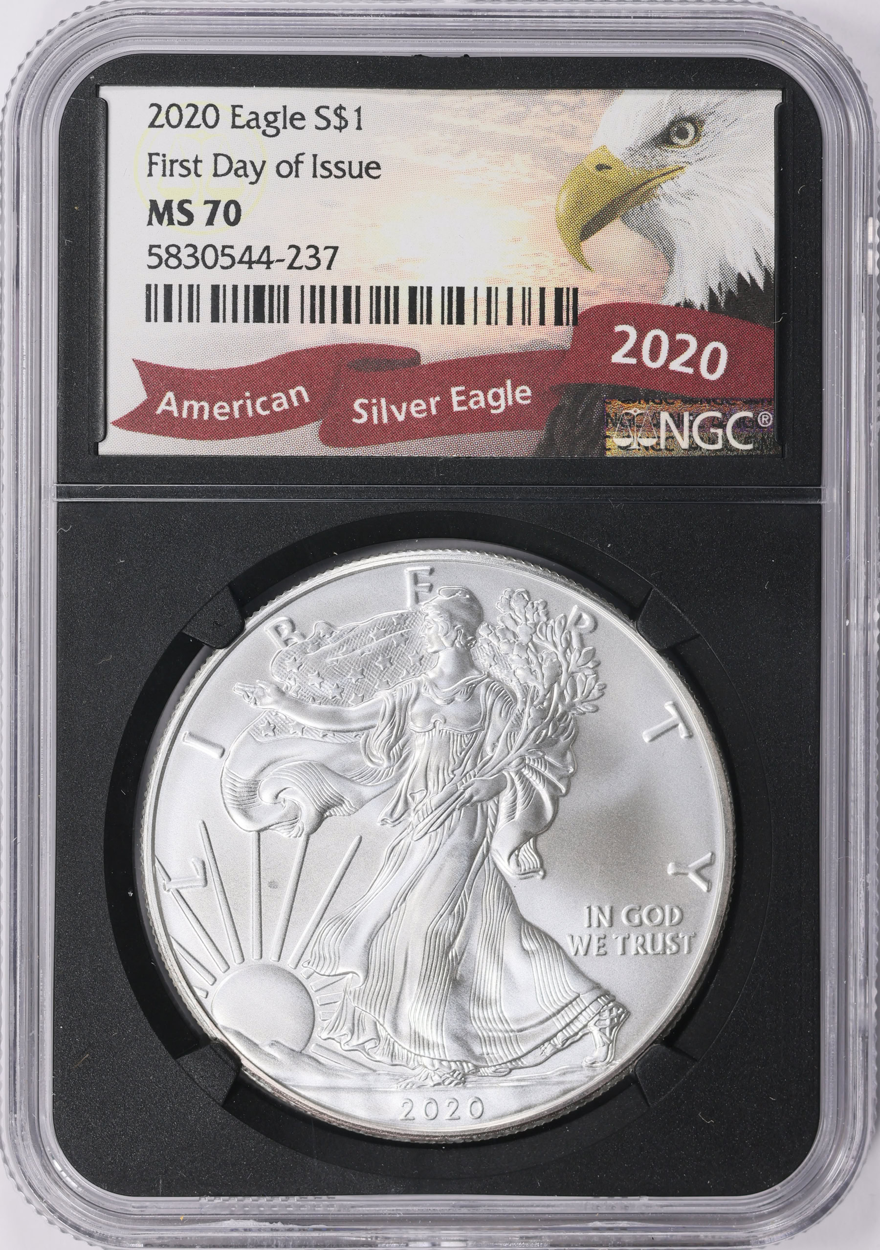 2020 $1 Silver Eagle First Day of Issue NGC MS-70 (Eagle Label) (Black Retro Holder) (Item ...